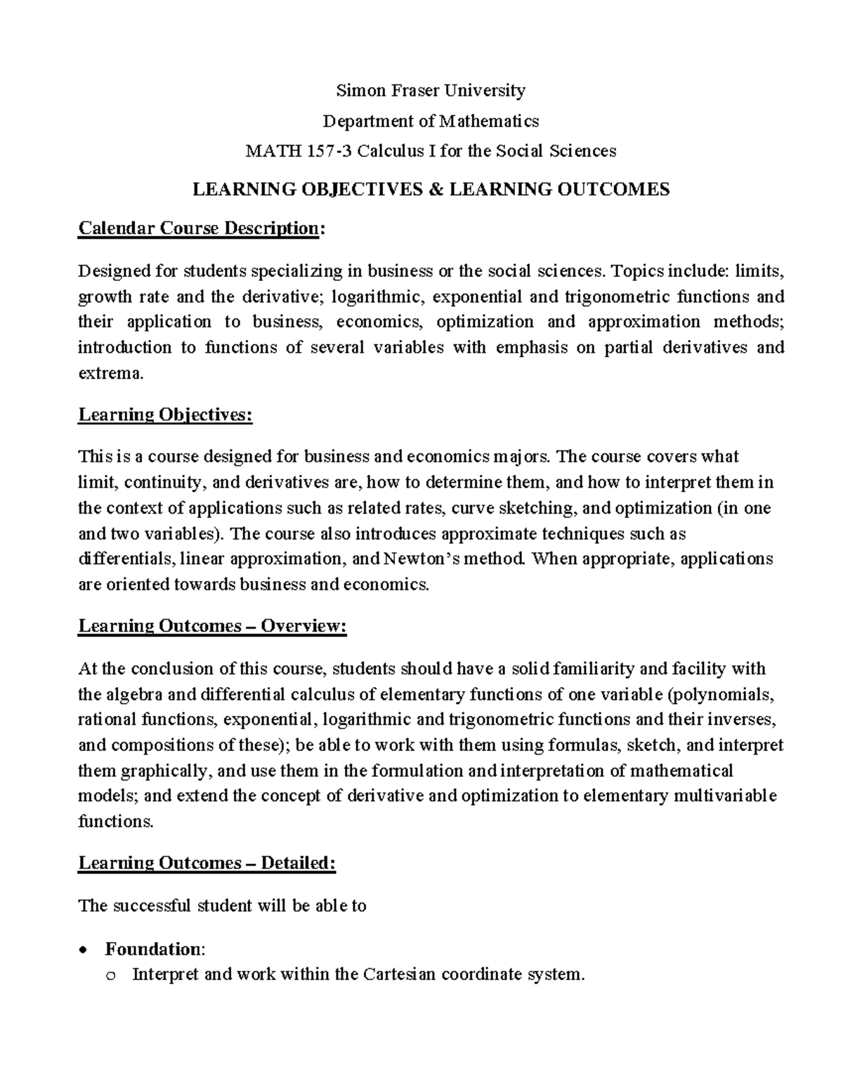 157-LO - Course outline and description - Simon Fraser University ...