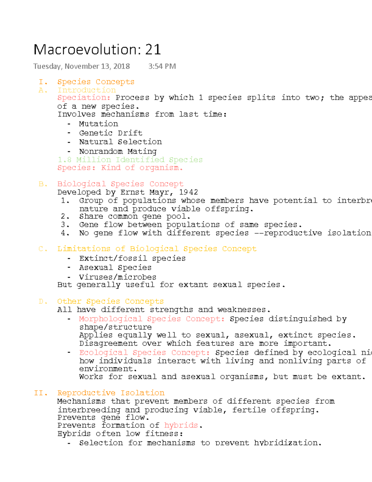 Macroevolution - Lecture 21 - Macroevolution: 21 Tuesday, November 13, 2018 3:54 PM I. A ...