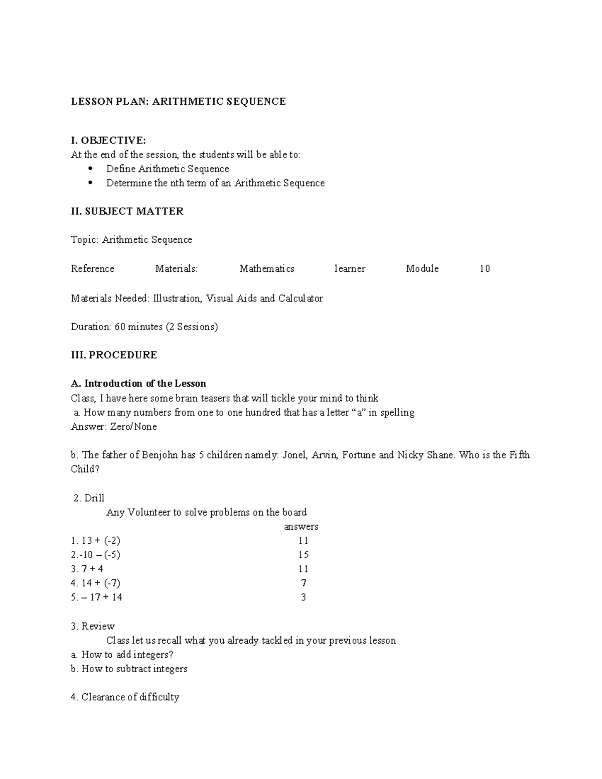 Lesson PLAN sequence - LESSON PLAN: ARITHMETIC SEQUENCE I. OBJECTIVE ...