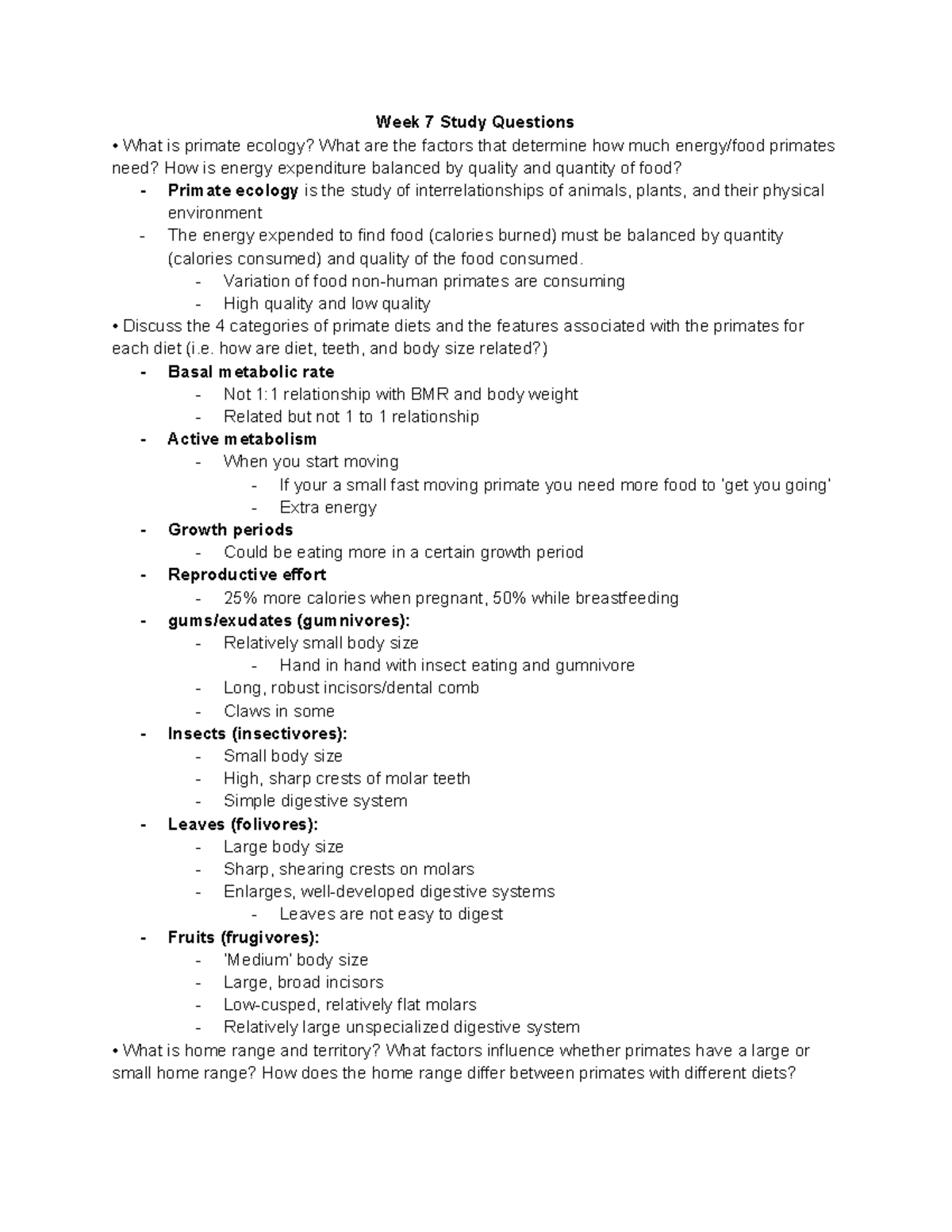 ANTH 101- week 7 questions - Week 7 Study Questions What is primate ...