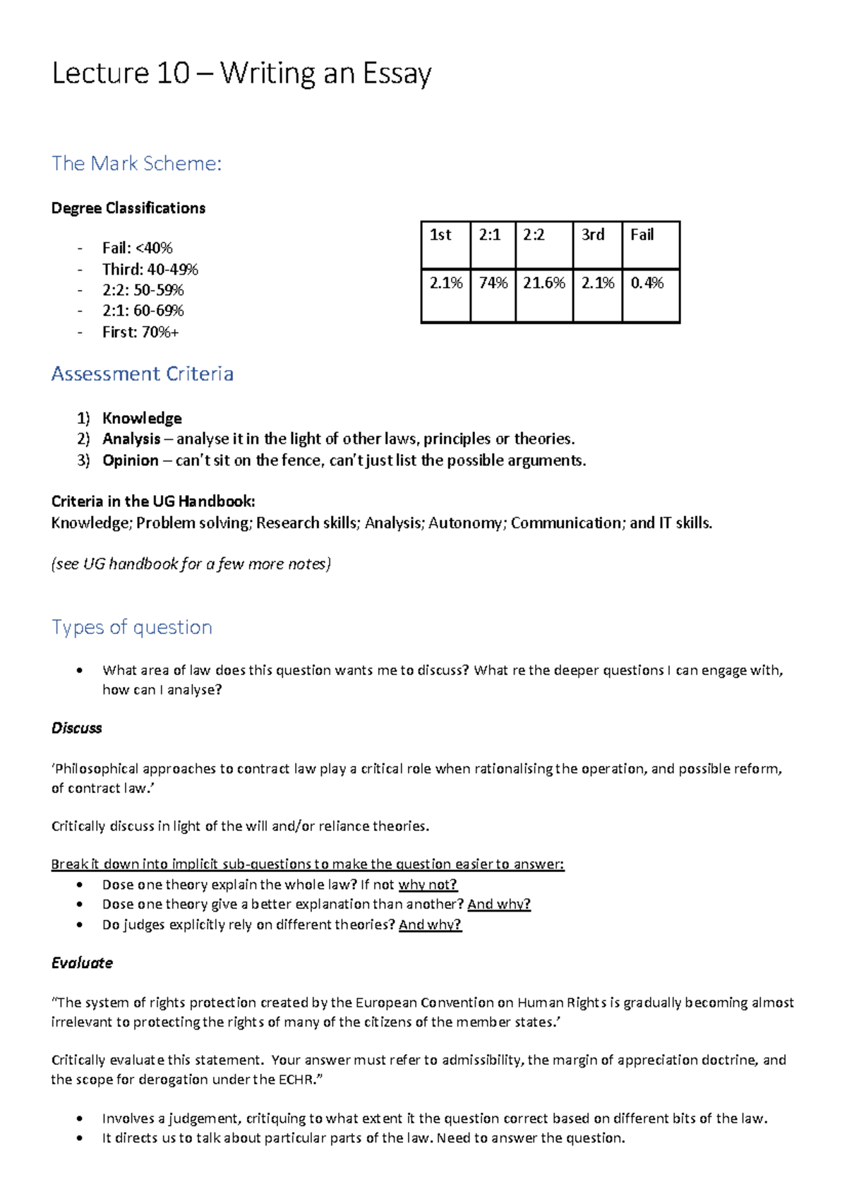 Writing an Essay Lecture 10 notes - Lecture 10 – Writing an Essay The ...
