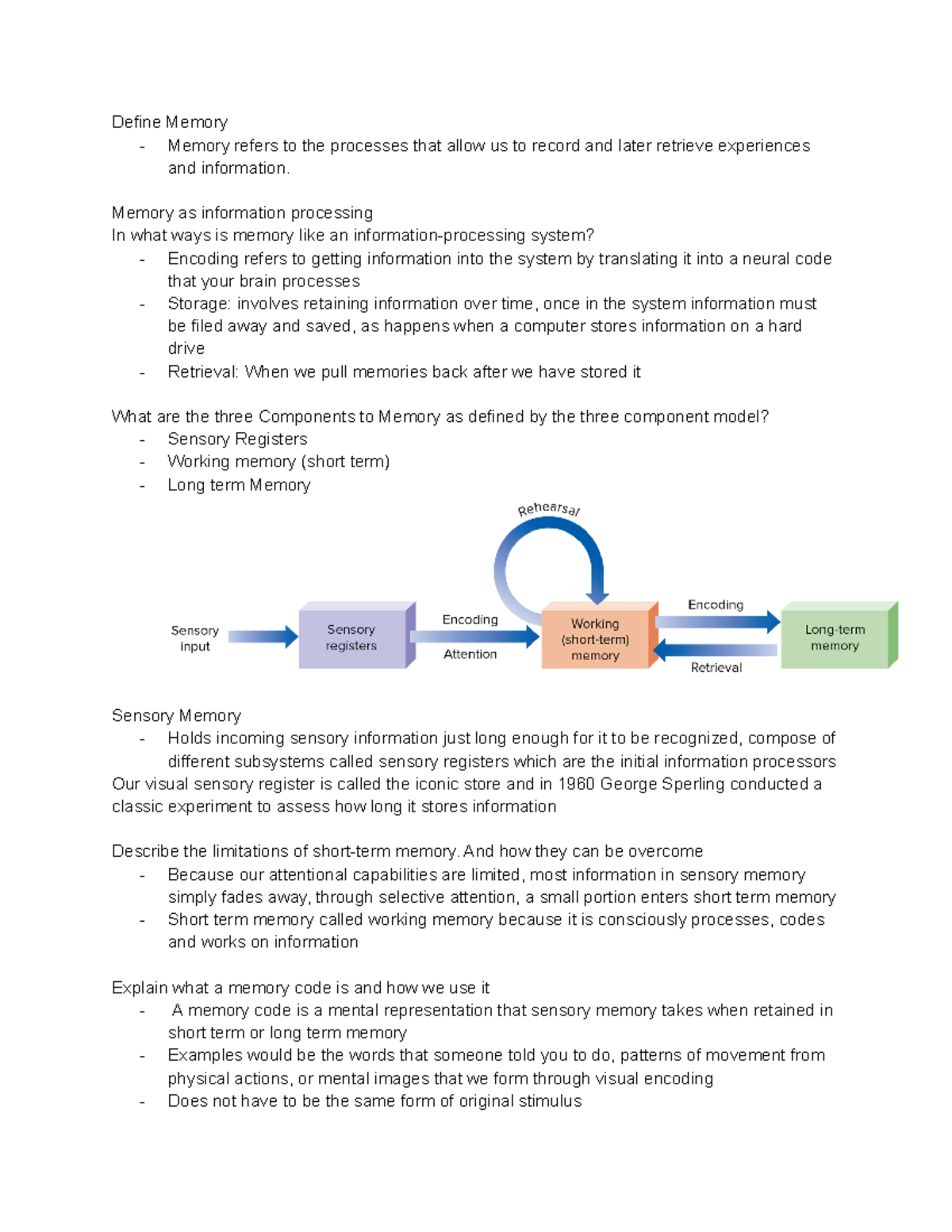 Psychology Notes Ch 8 - Define Memory - Memory refers to the processes ...