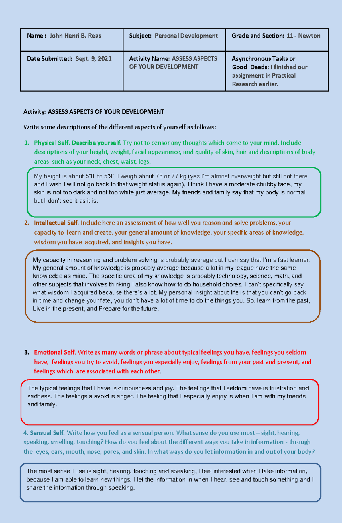 Aspects of Self-Development Activity Sheet- per dev Answer Reas - Name ...