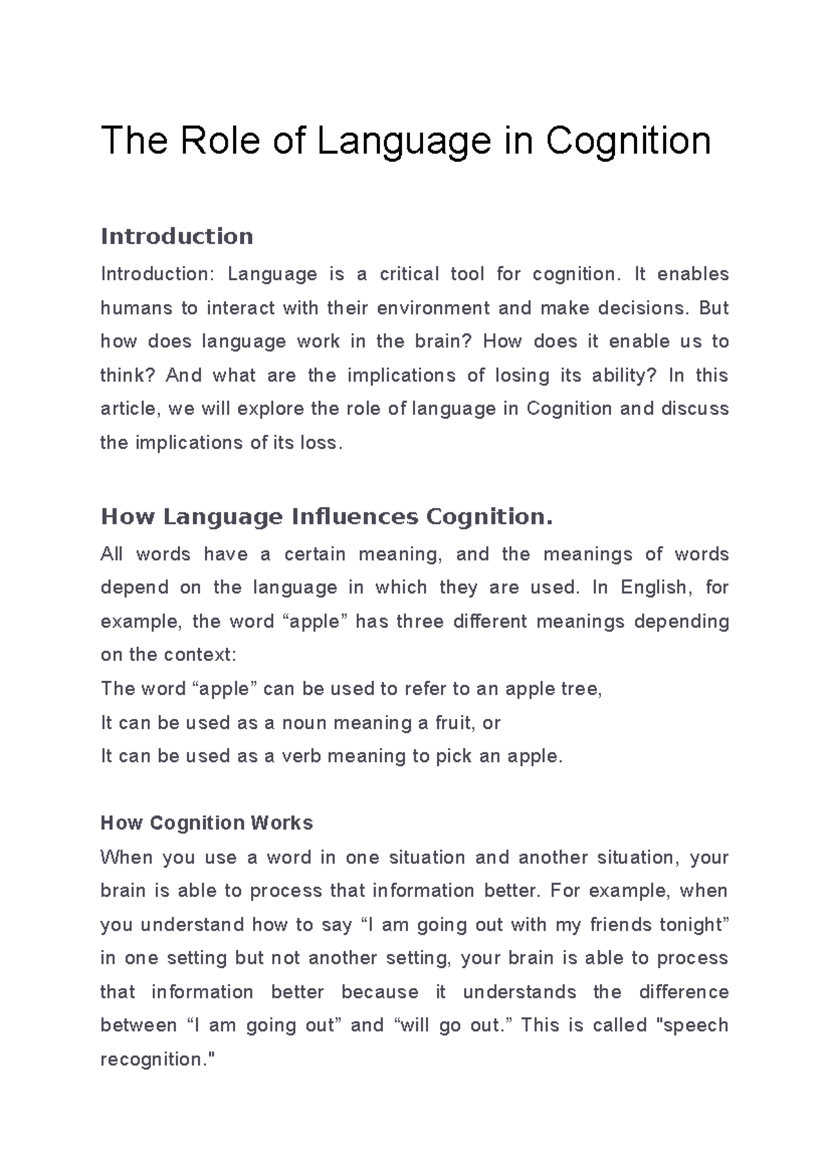 The Role of Language in Cognition - The Role of Language in Cognition ...