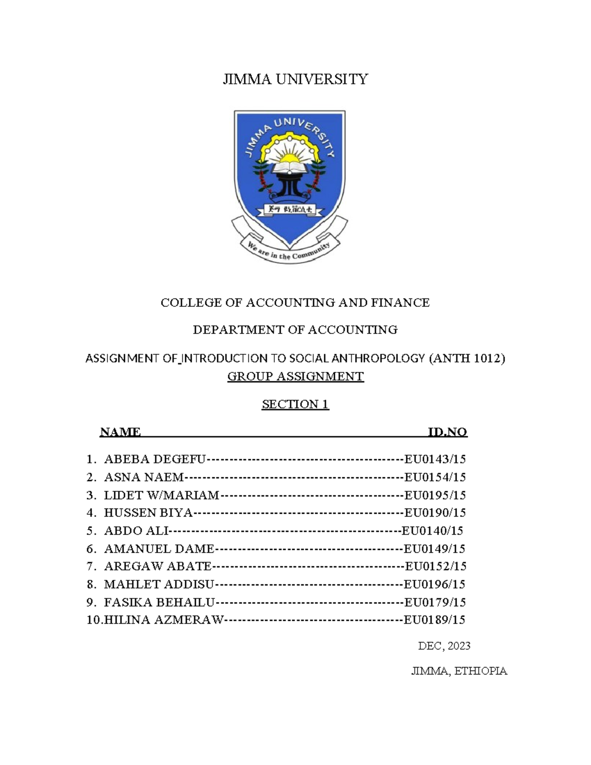 anthropology_112023 - JIMMA UNIVERSITY COLLEGE OF ACCOUNTING AND ...