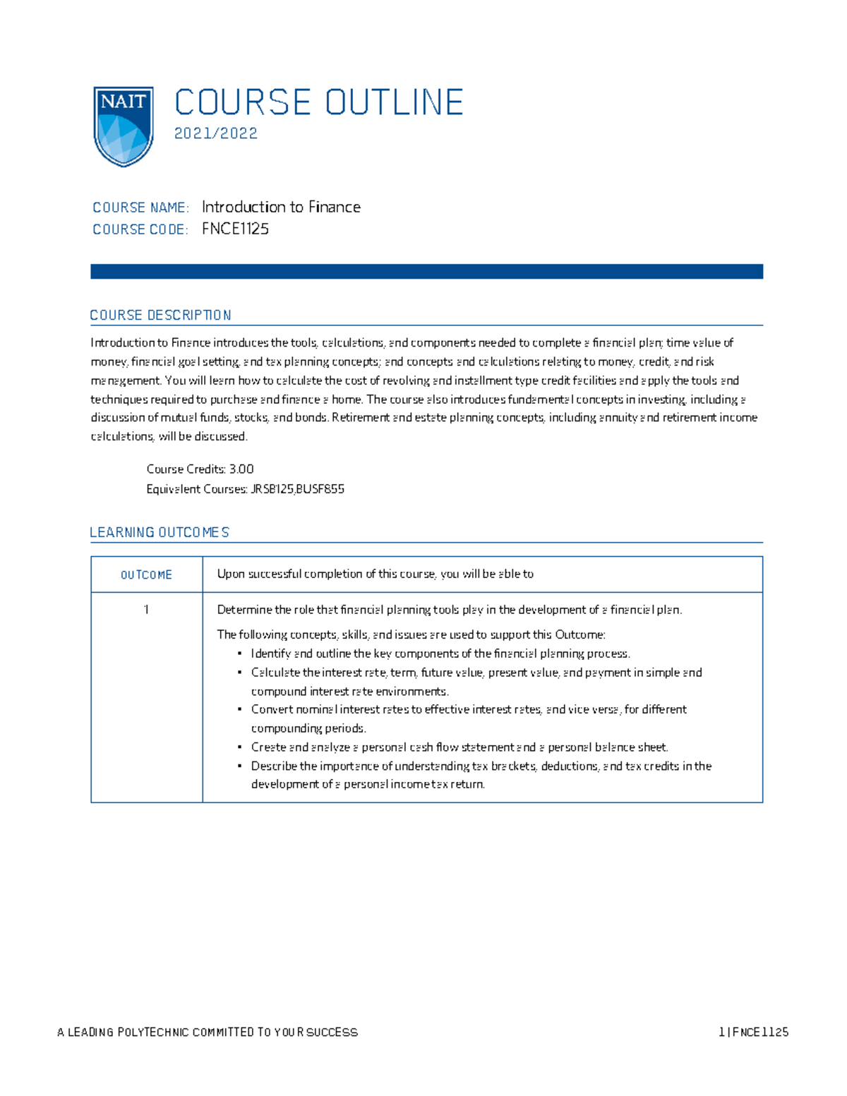 Course Outline FNCE1125 - 2021 - COURSE OUTLINE 2021/ COURSE NAME ...
