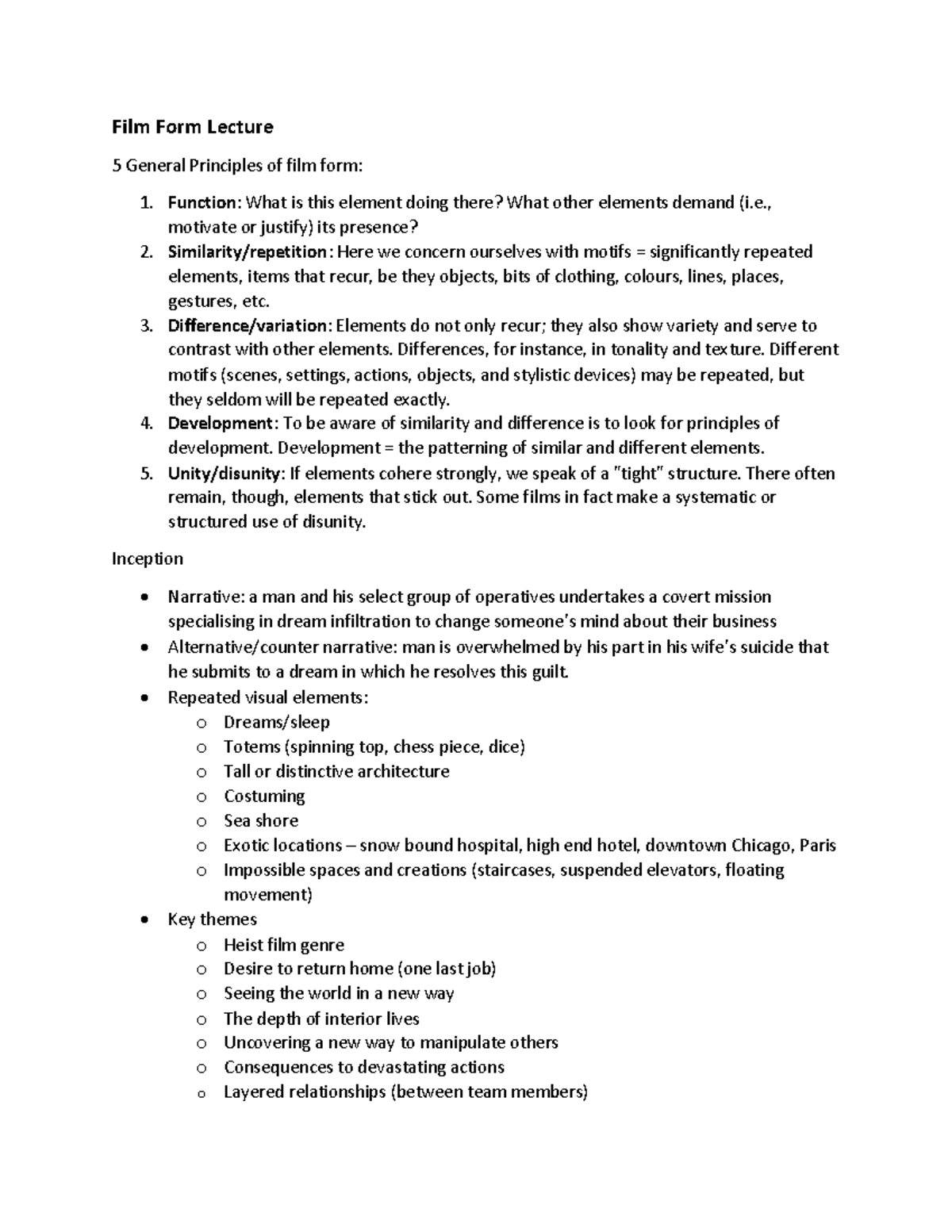 Film Form/symbolism with Inception Case Study - Film Form Lecture 5 General Principles of film ...