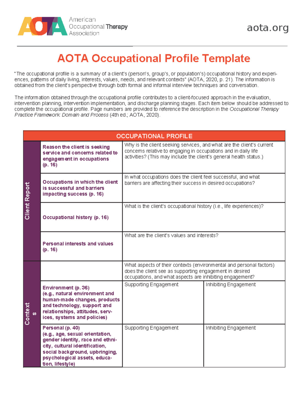Occupational profile word document template form - ©2020 by the ...