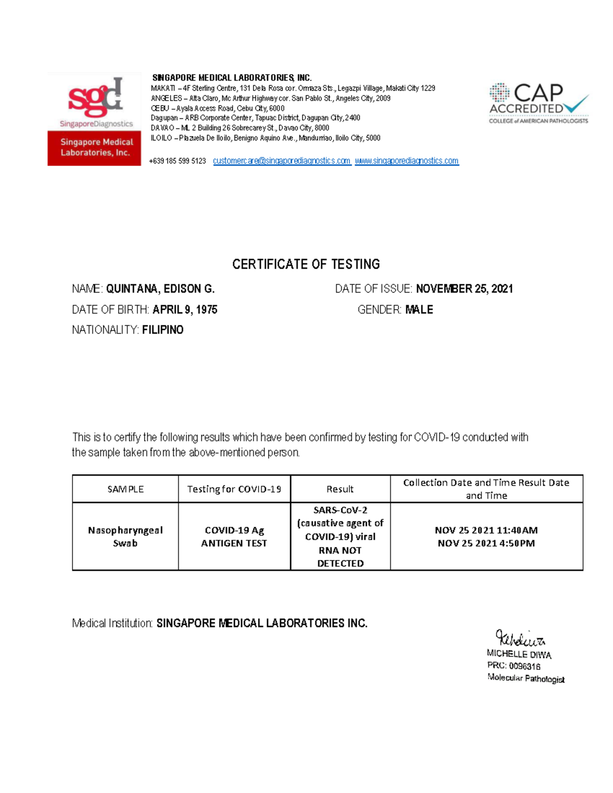 SGD Quintana Edison - None - SINGAPORE MEDICAL LABORATORIES, INC ...