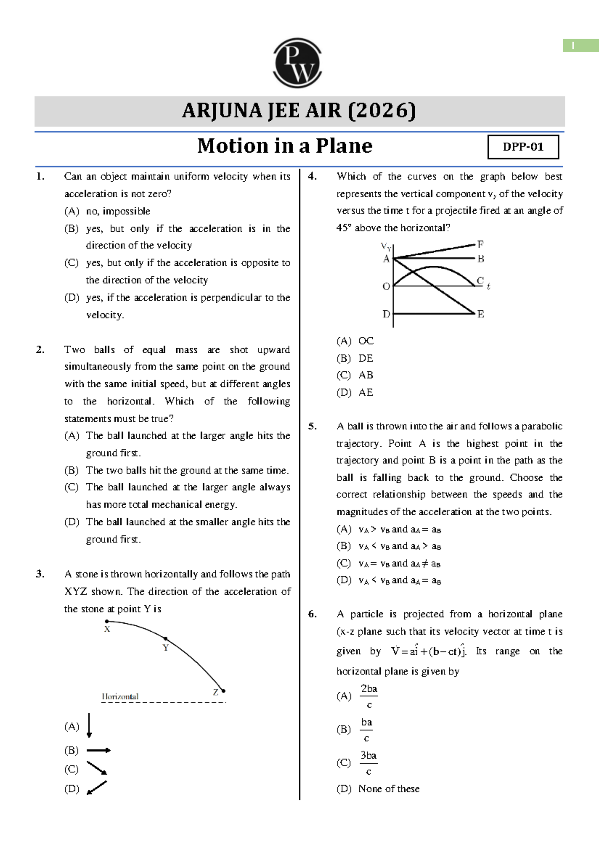 DPP-01 Motion in a Plane Physics Arjuna AIR 2026 Hemant Sir Pawan - 1 ARJUNA JEE AIR (202 6 ...