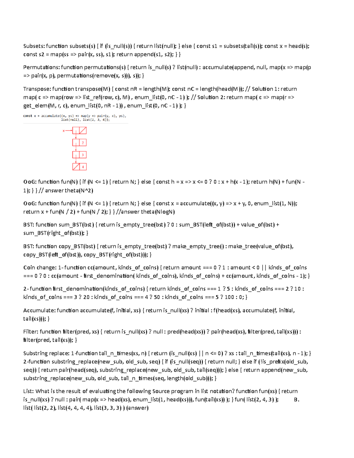 Cheat sheet for midterm - Subsets: funcion subsets(s) { if (is_null(s ...