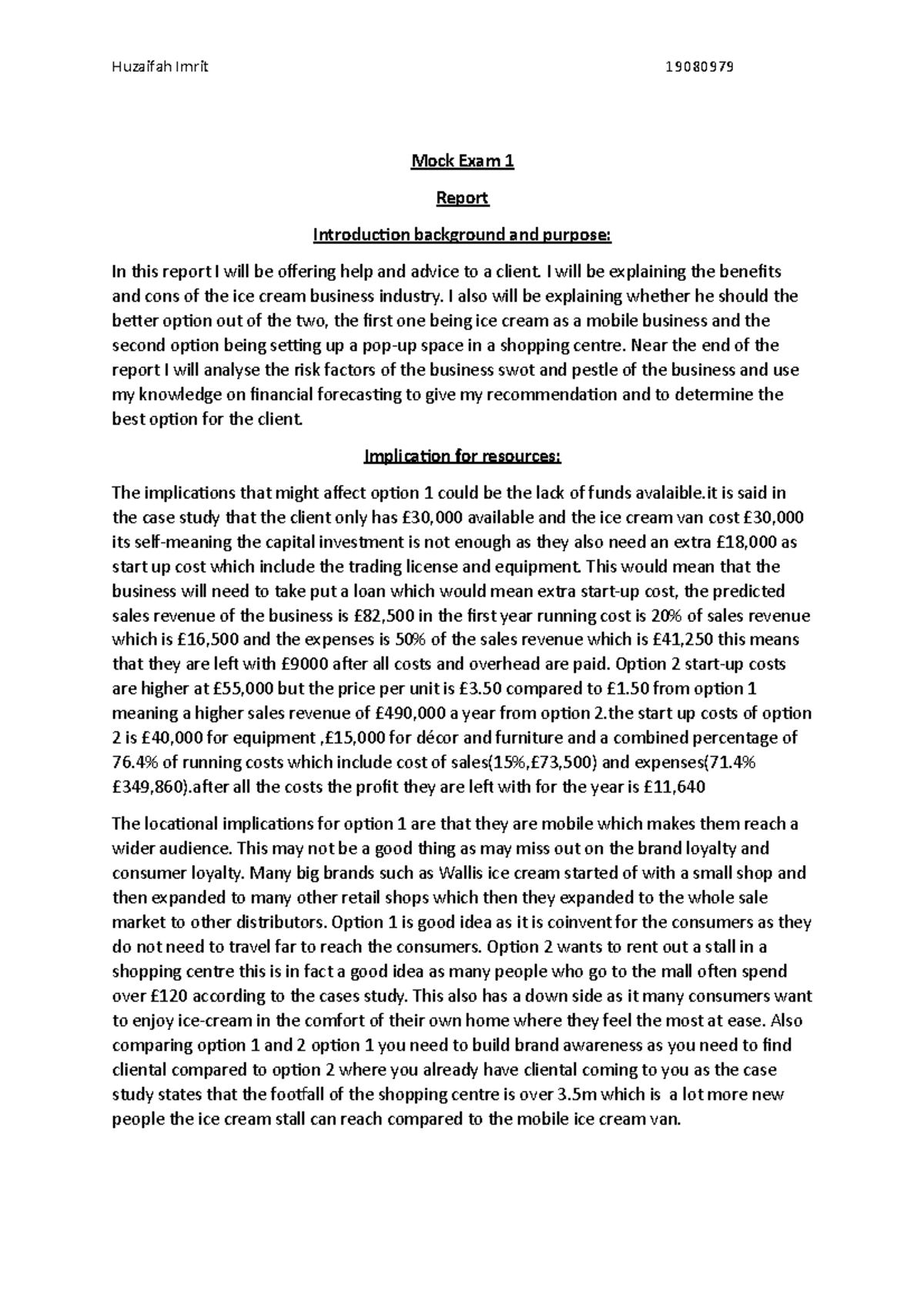 Huzaifah Imrit 2019 ice cream mock - Huzaifah Imrit 19080979 Mock Exam ...