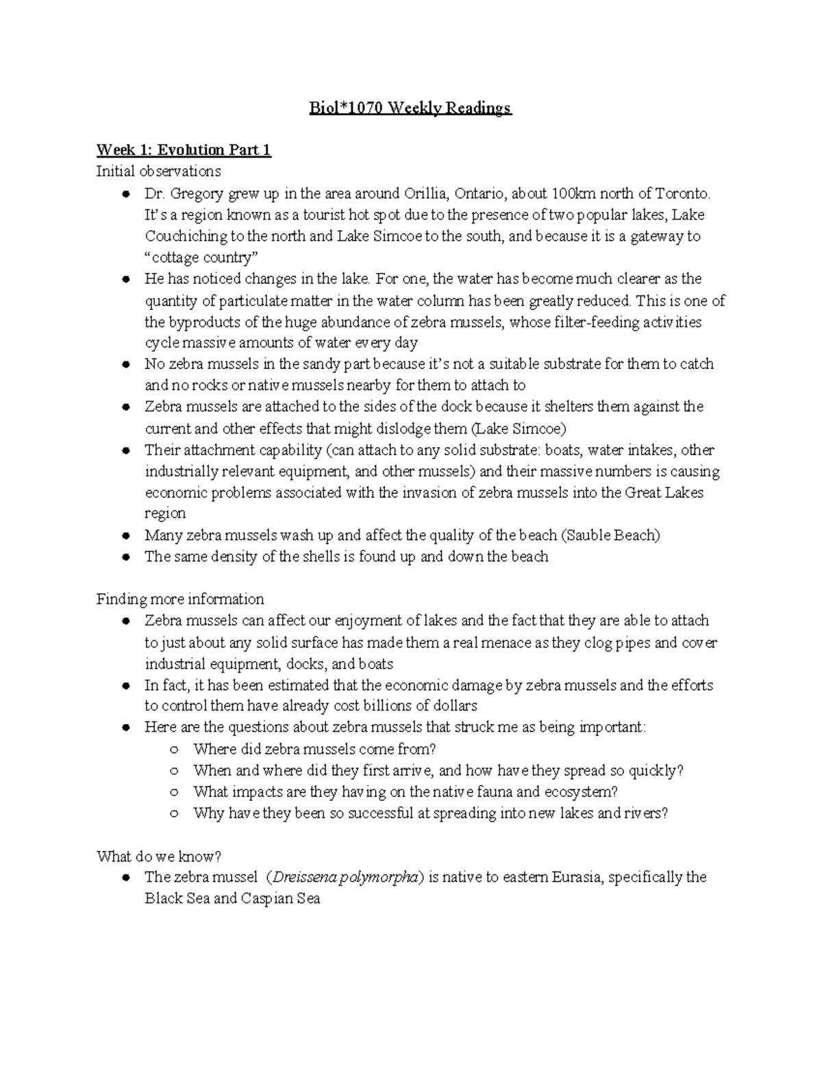 Biol 1070 Weekly Readings - Biol*1070 Weekly Readings Week 1: Evolution ...