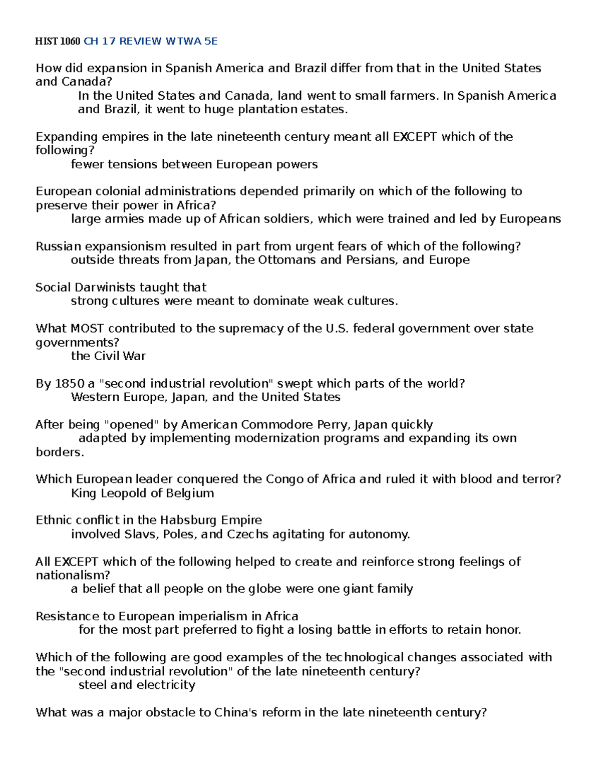 HIST 1060 CH 17 Review WTWA 5E - HIST 1060 CH 17 REVIEW WTWA 5E How did ...