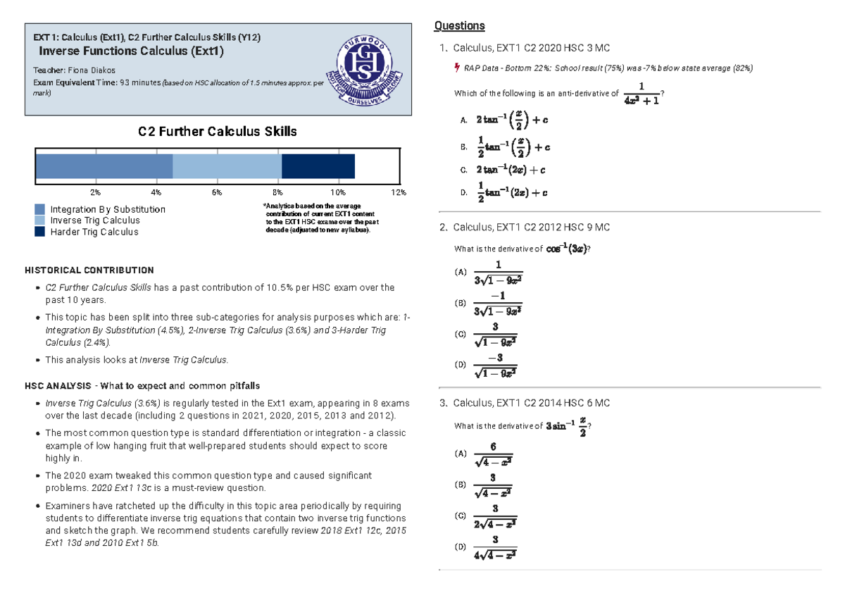 C2 Further Calculus Skills (Yr12) - Inverse Functions Calculus - EXT 1 ...