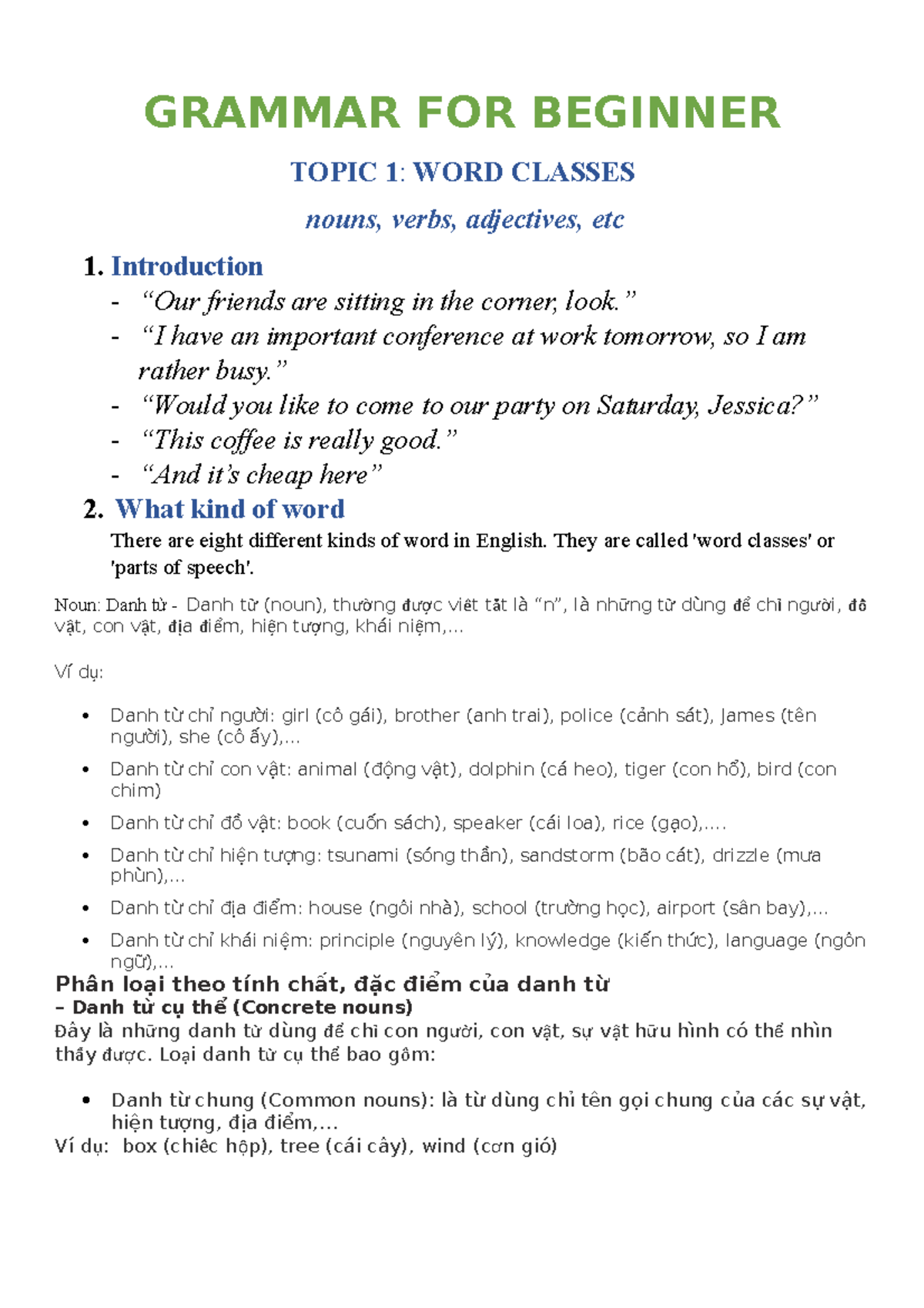 Grammar FOR Beginner - GRAMMAR FOR BEGINNER TOPIC 1: WORD CLASSES nouns ...