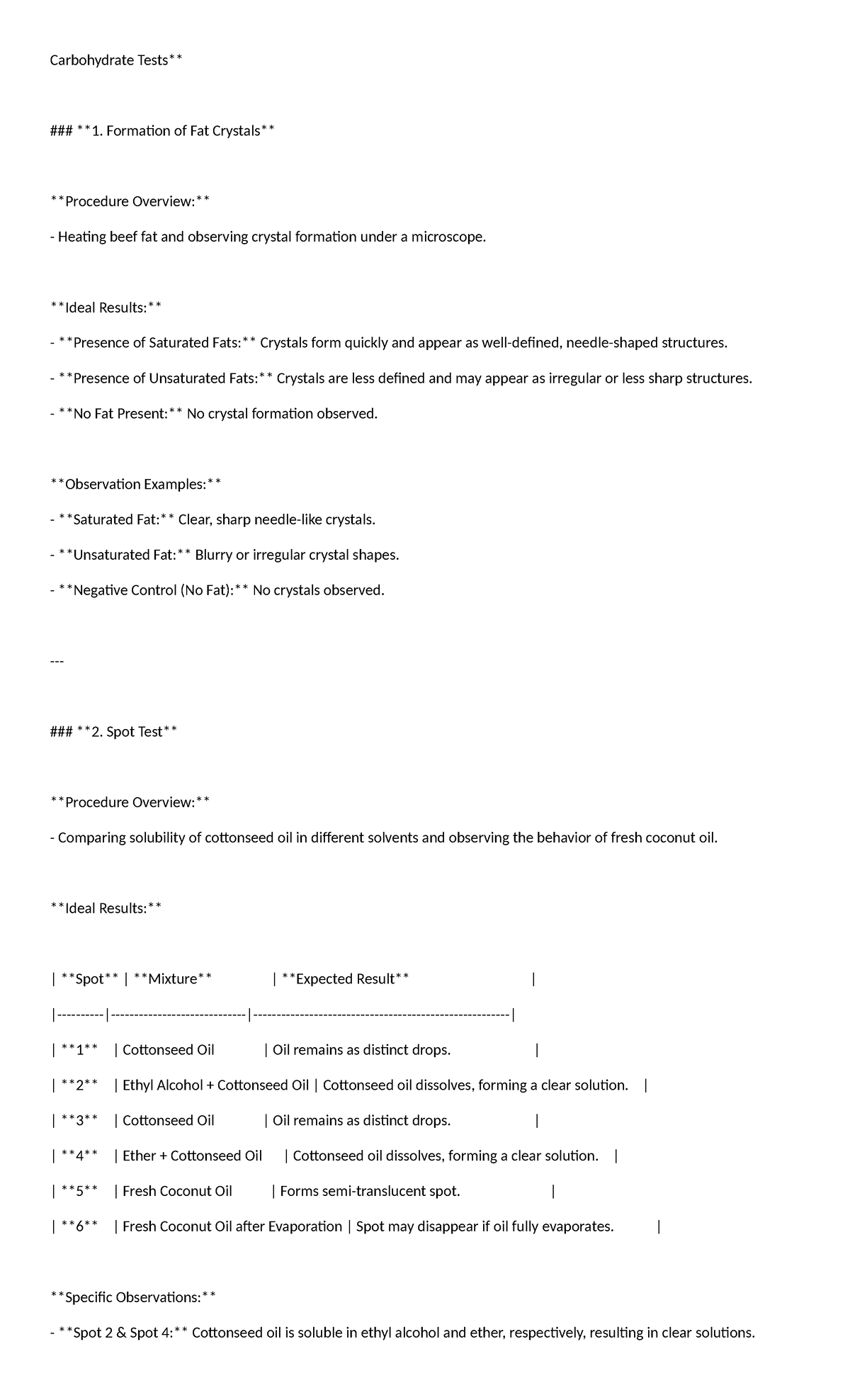 LAB Results - LIPIDS & PROTEINS - Carbohydrate Tests** 1. Formation of ...