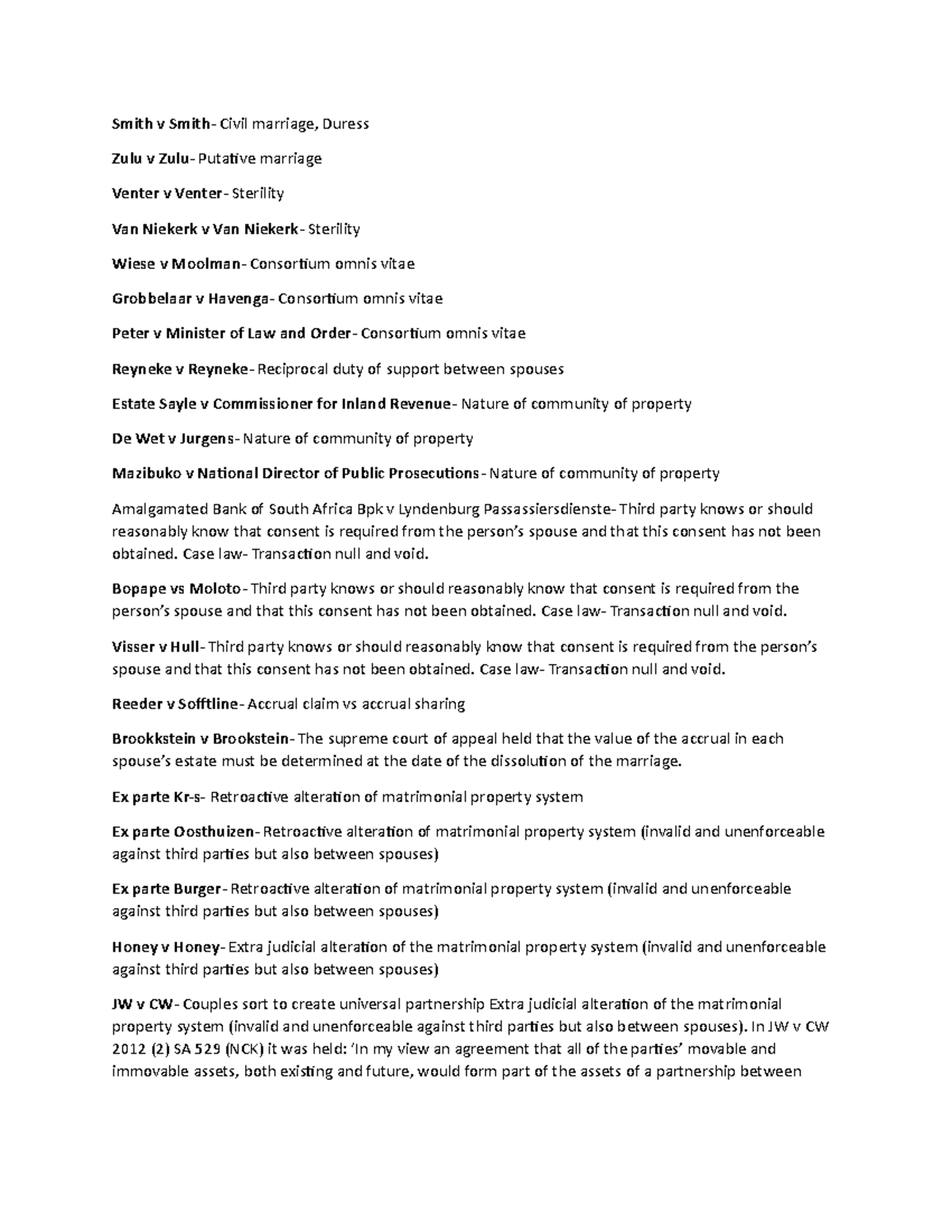 PVL 2601 cases summary - Smith v Smith - Civil marriage, Duress Zulu v ...