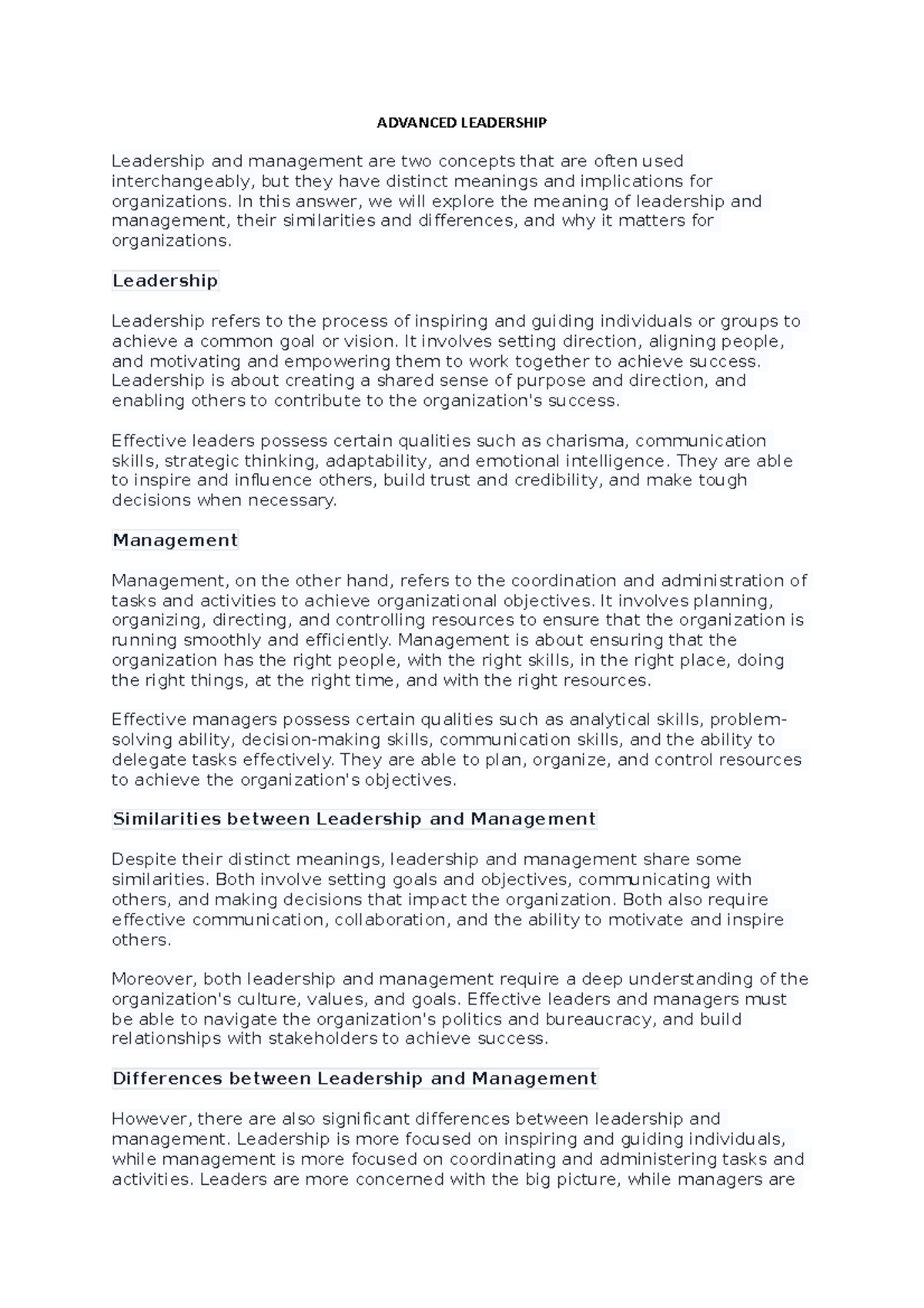 Advanced Leadership - It exposes the learners to... - ADVANCED ...