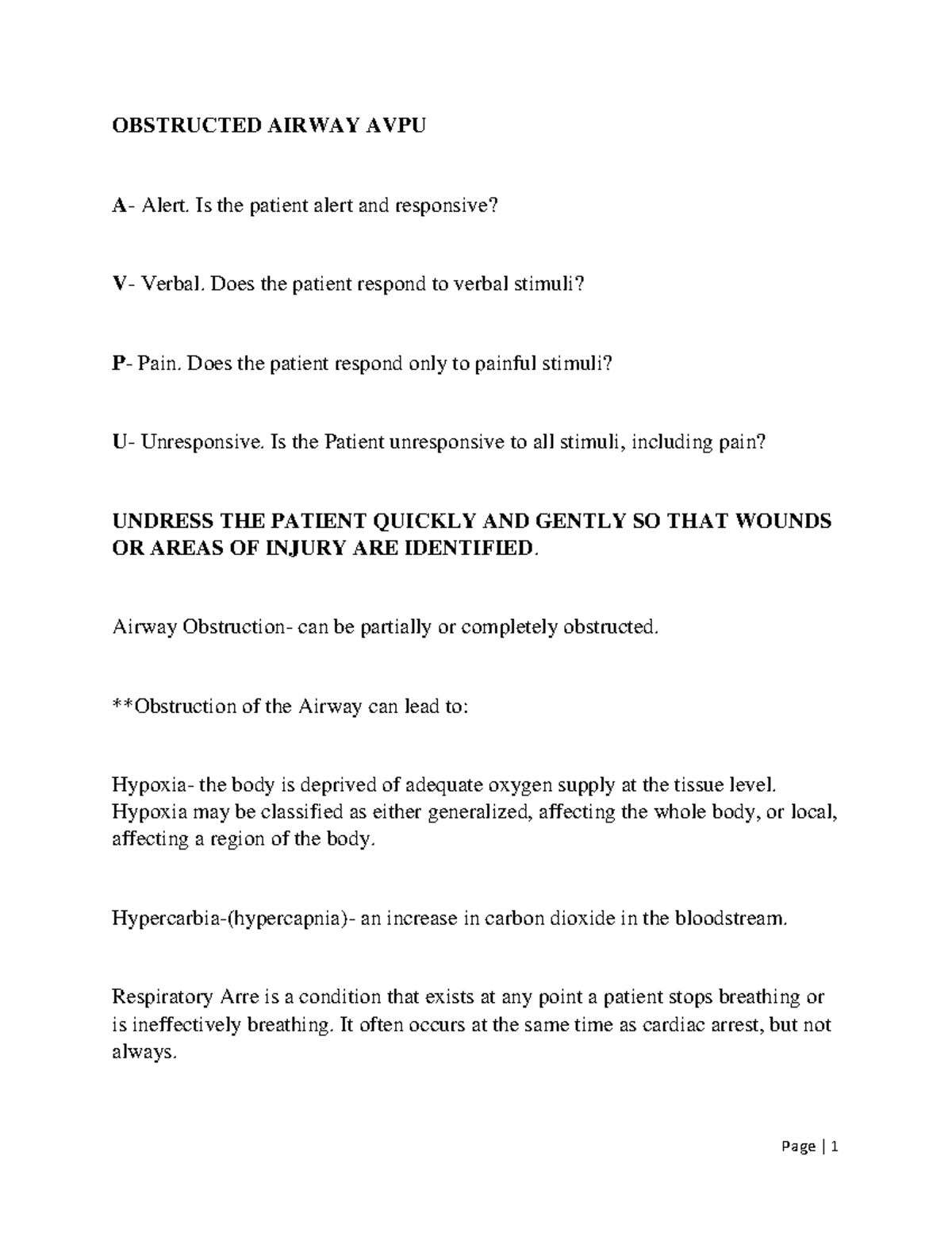 Obstructed Airway AVPU - OBSTRUCTED AIRWAY AVPU A- Alert. Is the ...