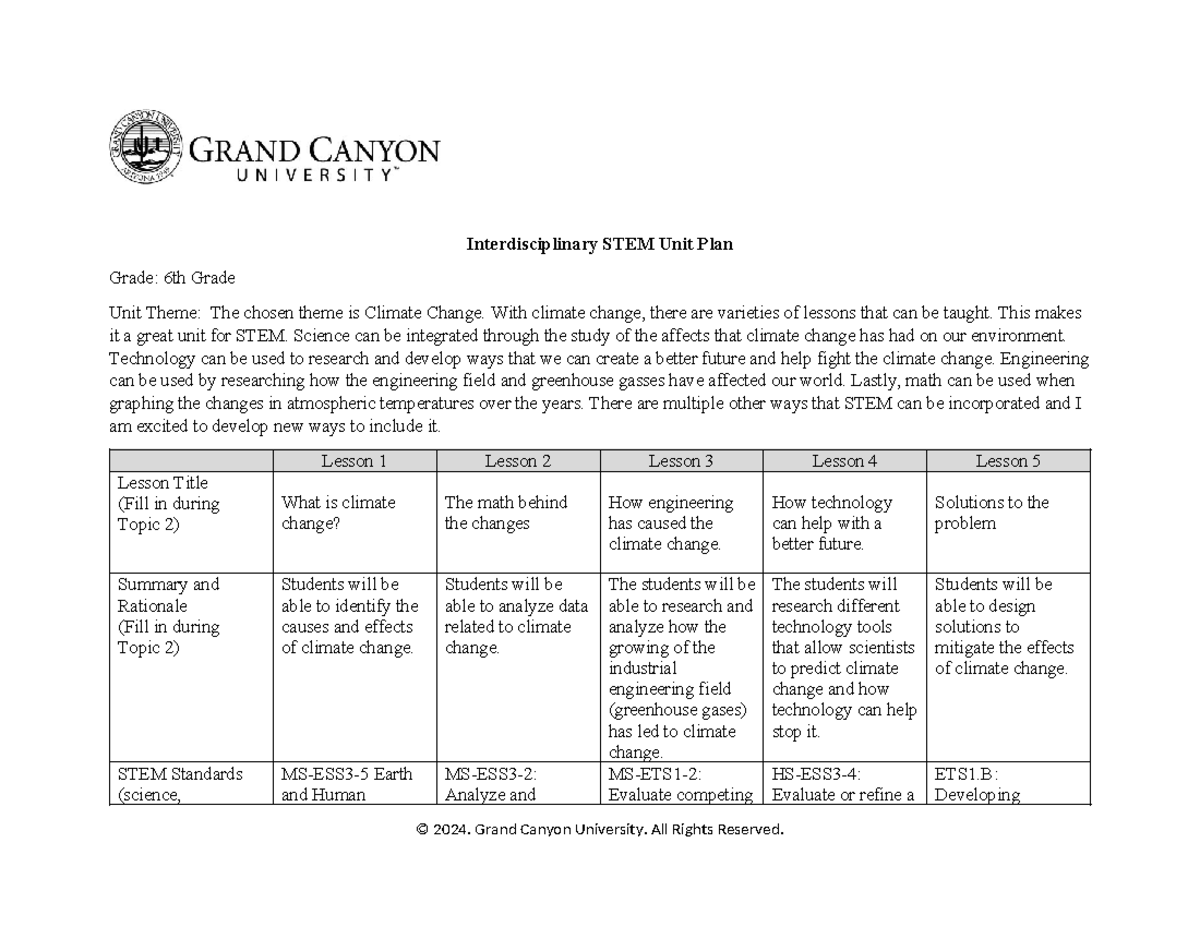 ELM-462-Unit Plan week 4 - Interdisciplinary STEM Unit Plan Grade: 6th ...