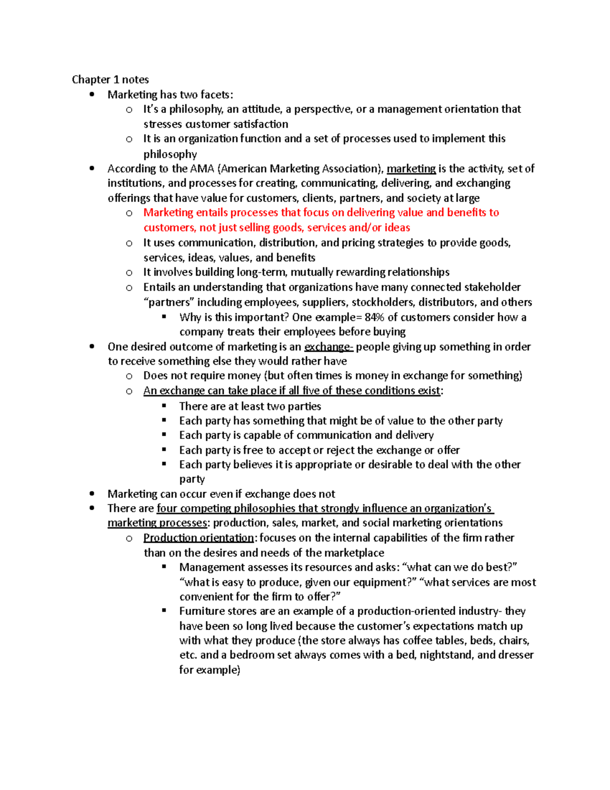 Ch1 book notes - Chapter 1 notes Marketing has two facets: o It’s a ...