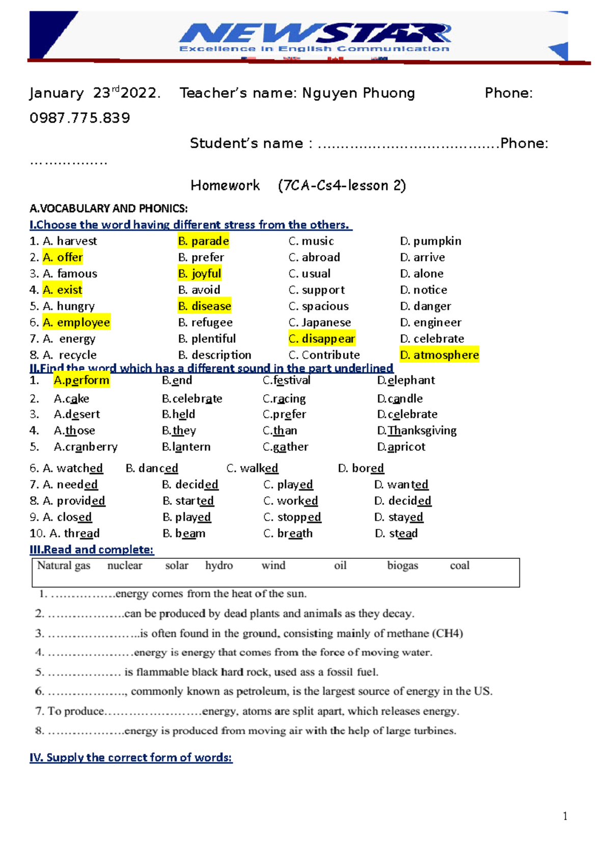 7ca - a lot - January 23 rd2022. Teacher’s name: Nguyen Phuong Phone ...