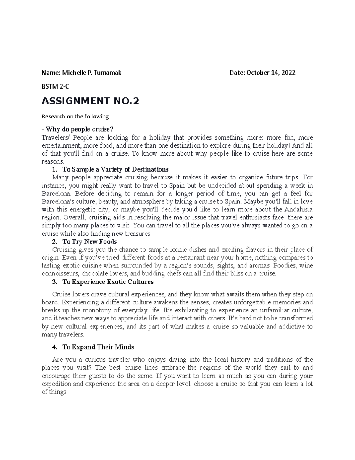 2ND assignment in TRanspo - Name: Michelle P. Tumamak Date: October 14 ...