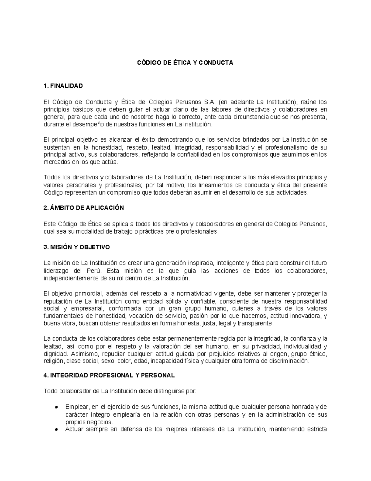 Código etica conducta 2019 - CÓDIGO DE ÉTICA Y CONDUCTA 1. FINALIDAD El ...
