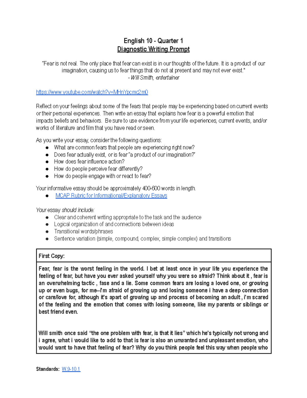 Writing Diagnostic - English 10 - Quarter 1 Diagnostic Writing Prompt ...