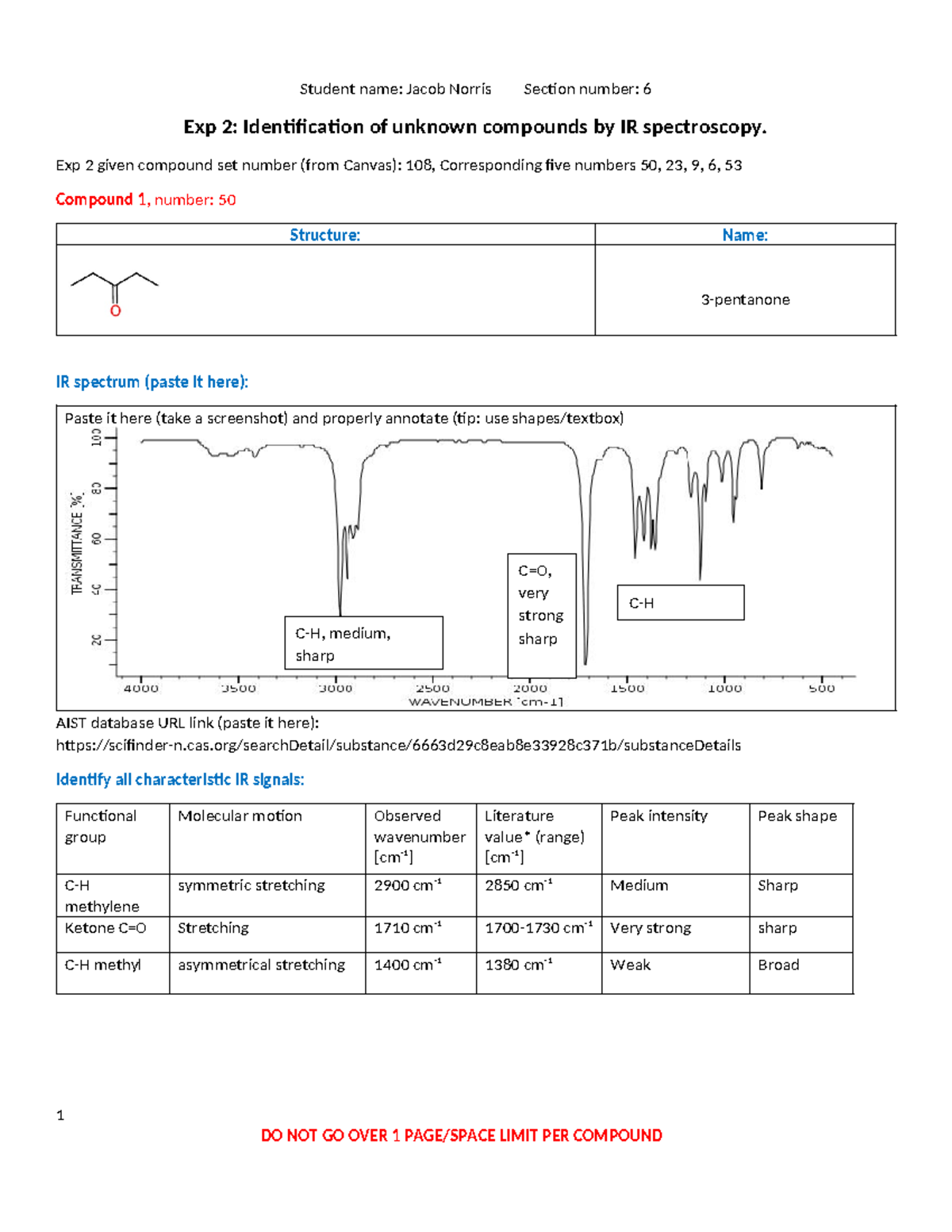 Orgo Lab 2 - Lab 2 IR spectra - Student name: Jacob Norris Section ...
