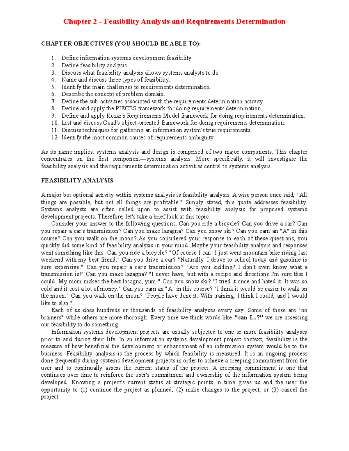 Ch02 Feasibility Analysis - Chapter 2 - Feasibility Analysis and Requirements Determination ...