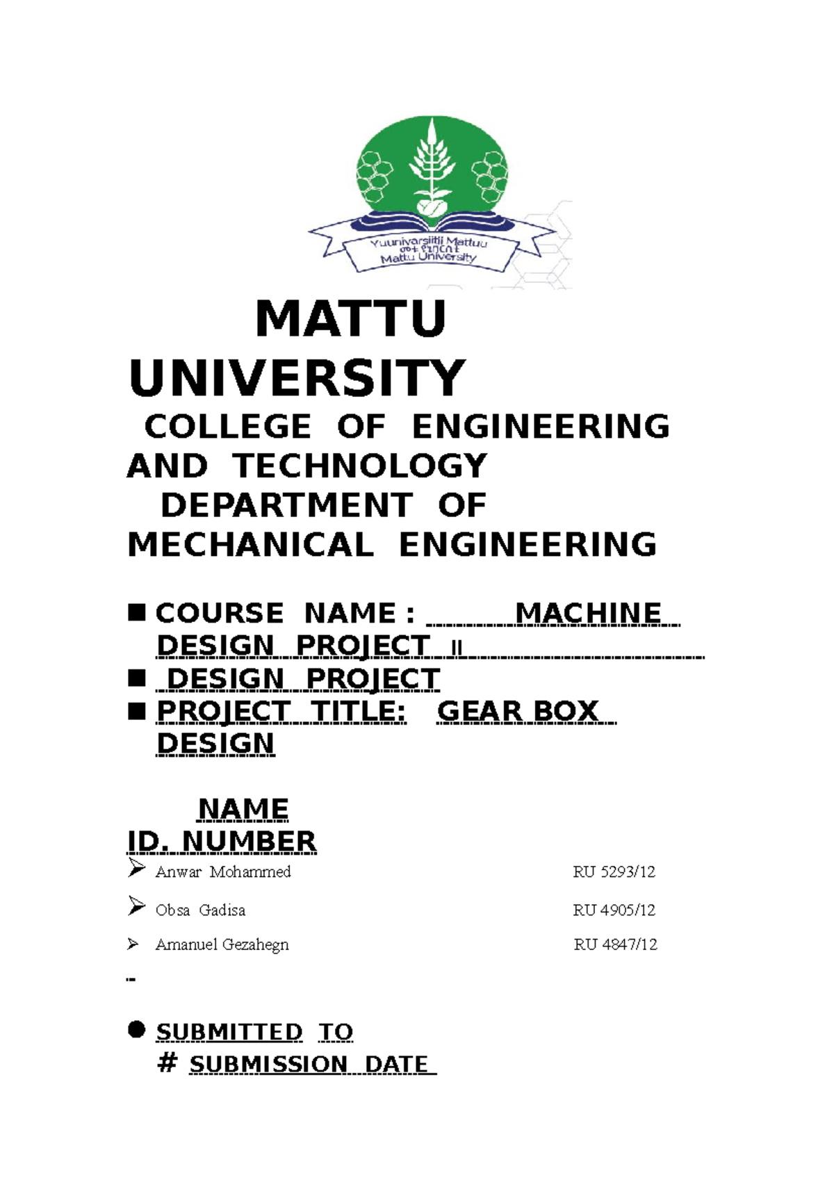 Design 2 FILE - Notes - MATTU UNIVERSITY COLLEGE OF ENGINEERING AND ...