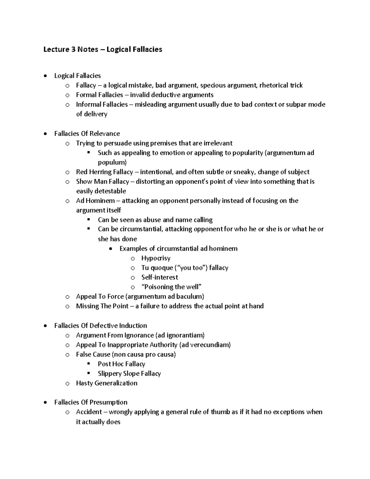 Lecture 3 Logic Lecture 3 Notes Logical Fallacies Logical Fallacies