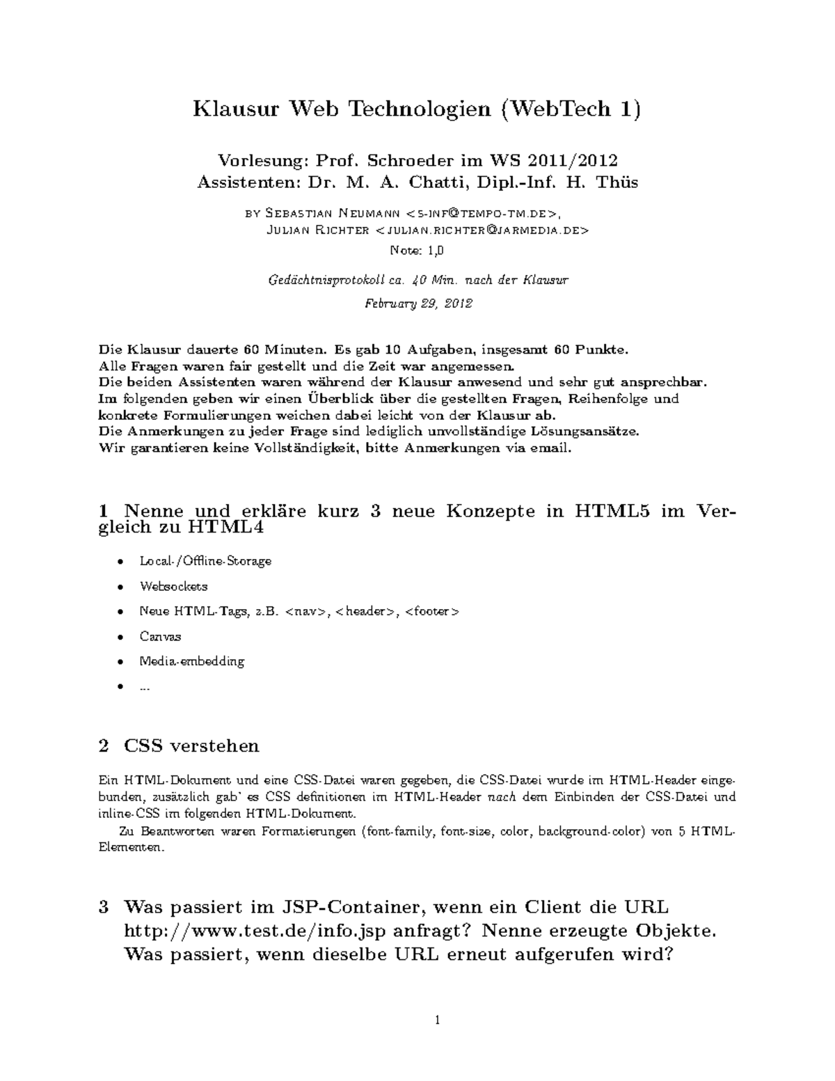 Webtech 1 - Klausurprotokoll - 2012 2 - Klausur Web Technologien (WebTech 1) Vorlesung: Prof ...