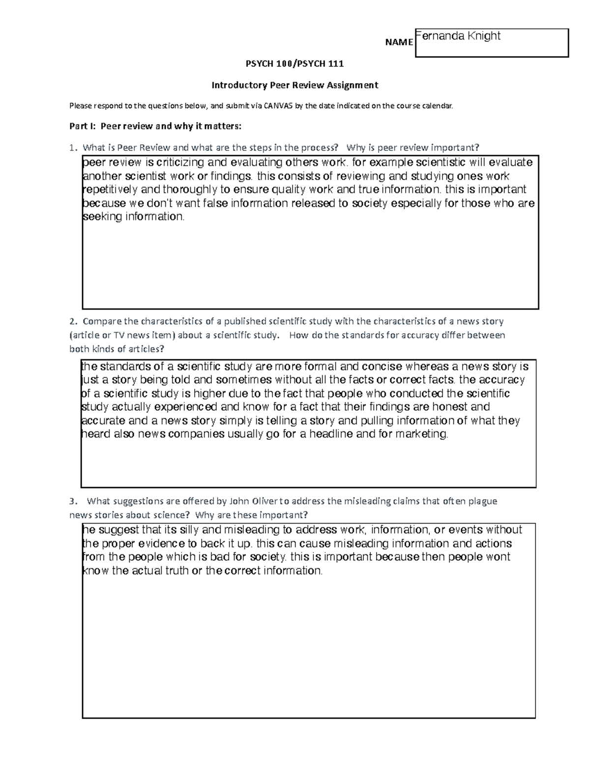 Peer Review Assignment for psych - NAME PSYCH 100/PSYCH 111 ...