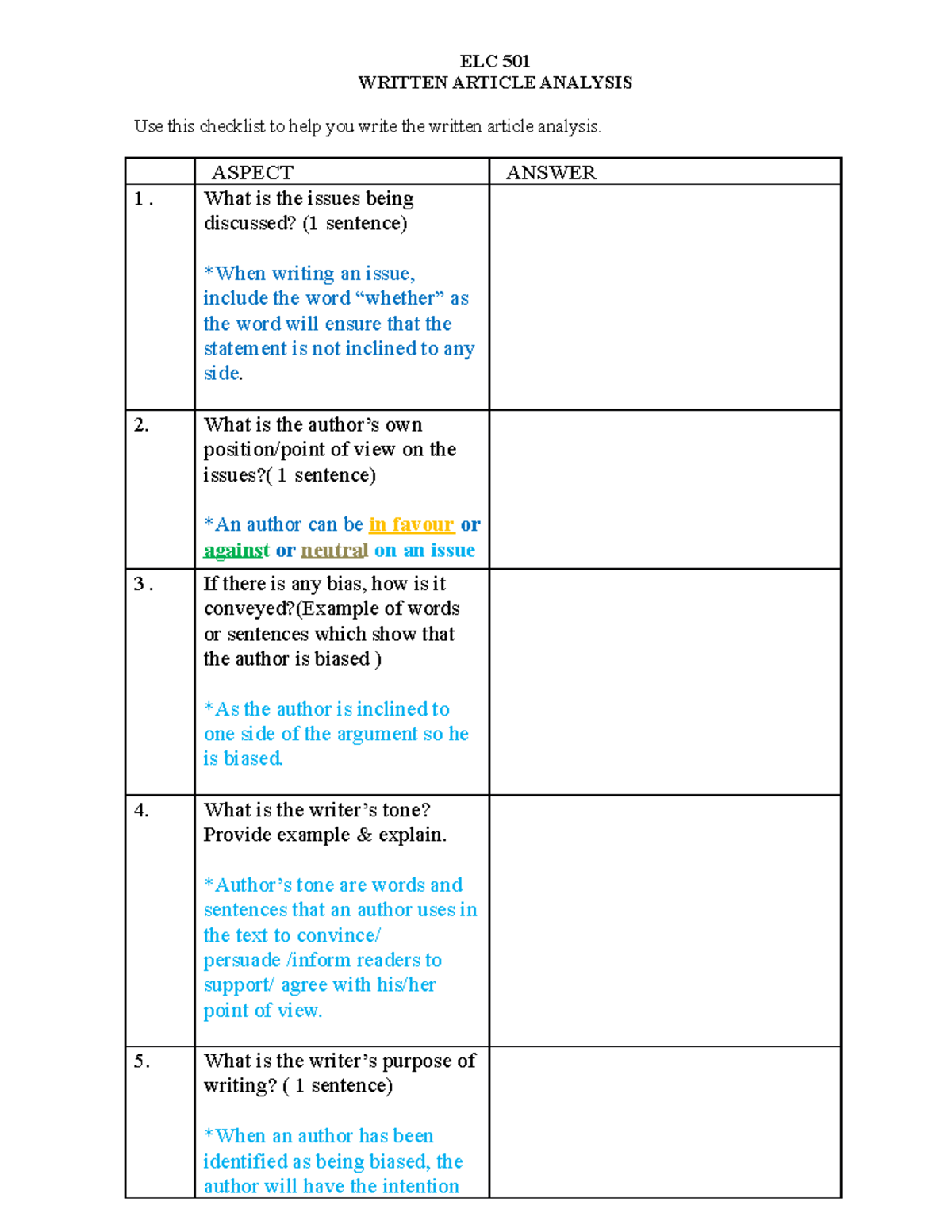 Checklist Blank Answer ELC 501 - ELC 501 WRITTEN ARTICLE ANALYSIS Use ...