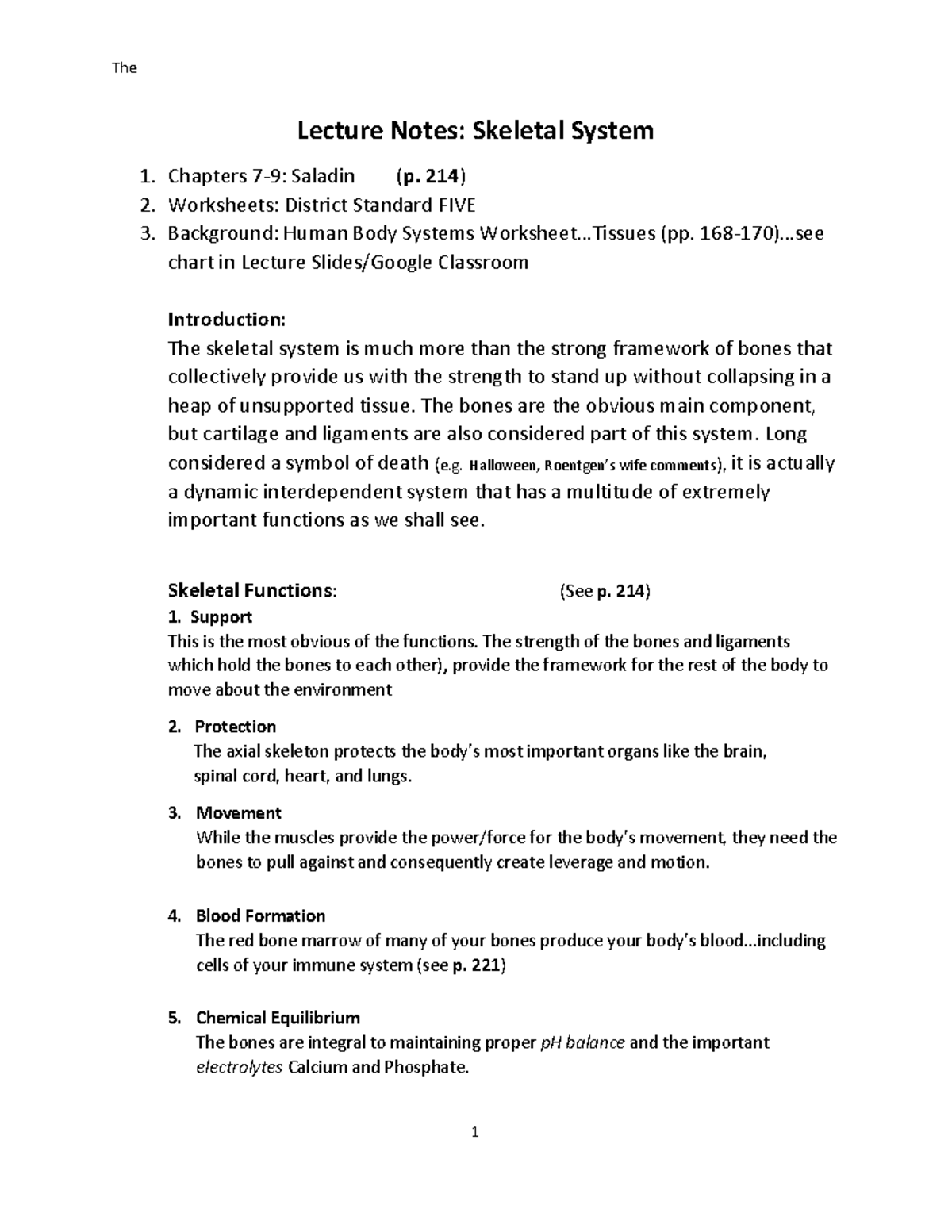 Skeletal System Lecture Notes Skeletal System 1 Chapters 7 9
