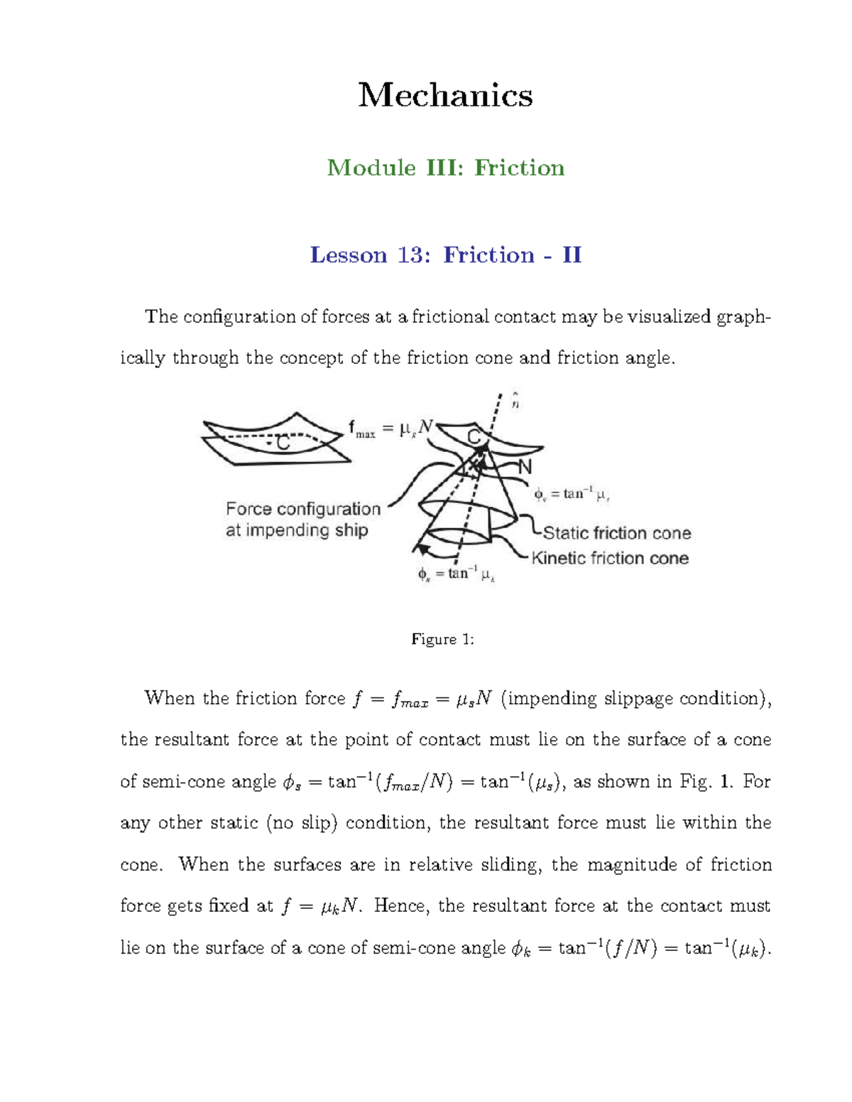 Module 3 friction 2 - Lecture notes 1 - Mechanics Module III: Friction ...