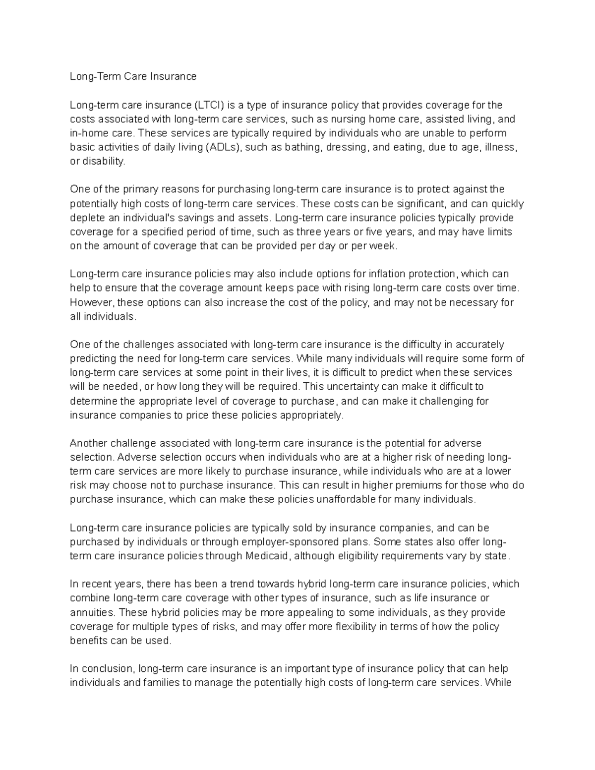 Unit 3 Special Topics in Actuarial Science - Long-Term Care Insurance ...