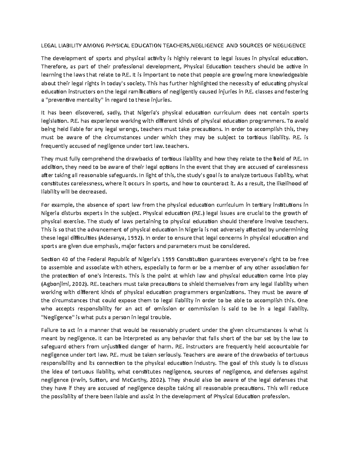 English situation - LEGAL LIABILITY AMONG PHYSICAL EDUCATION TEACHERS ...