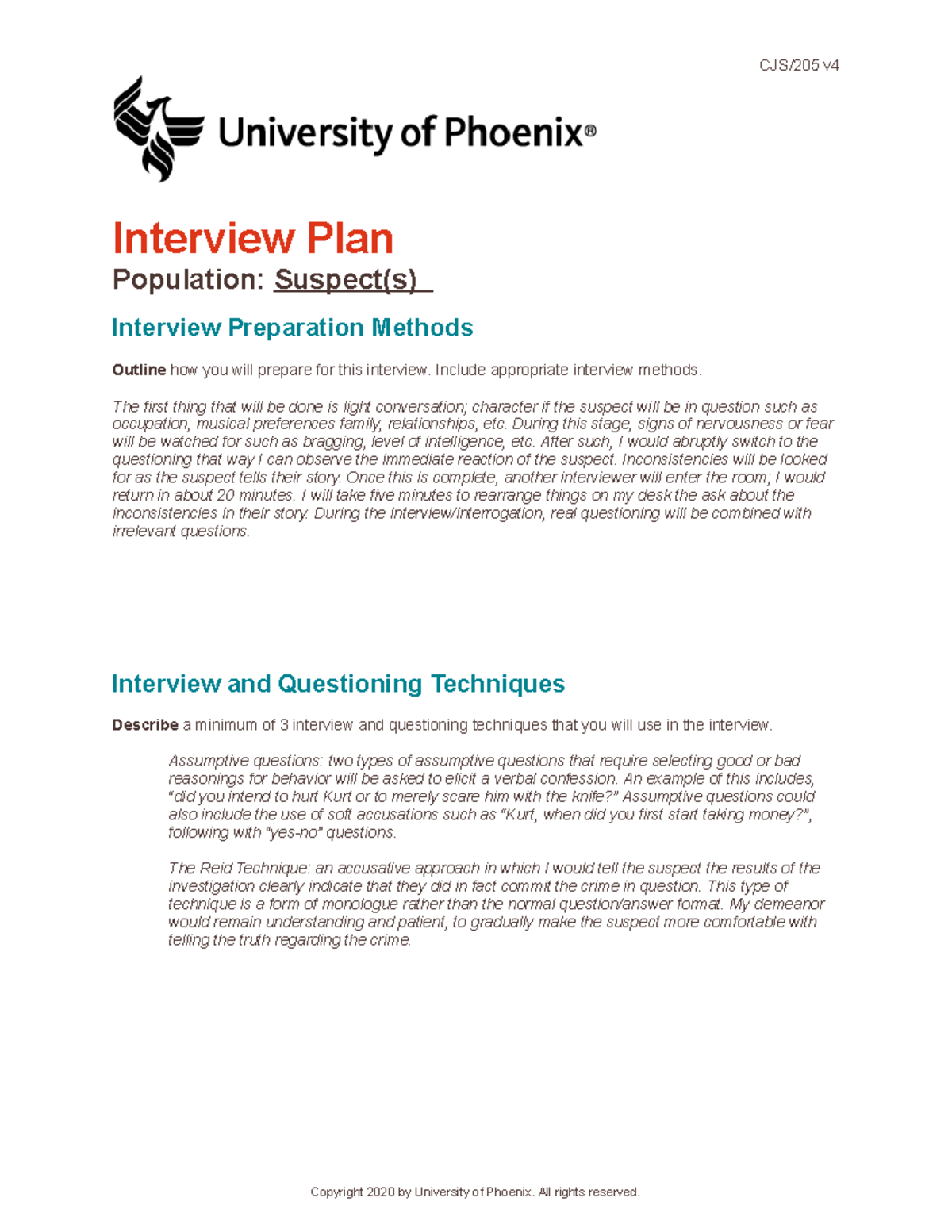 CJS205 Wk2 Interview Plan - CJS/205 v Interview Plan Population ...