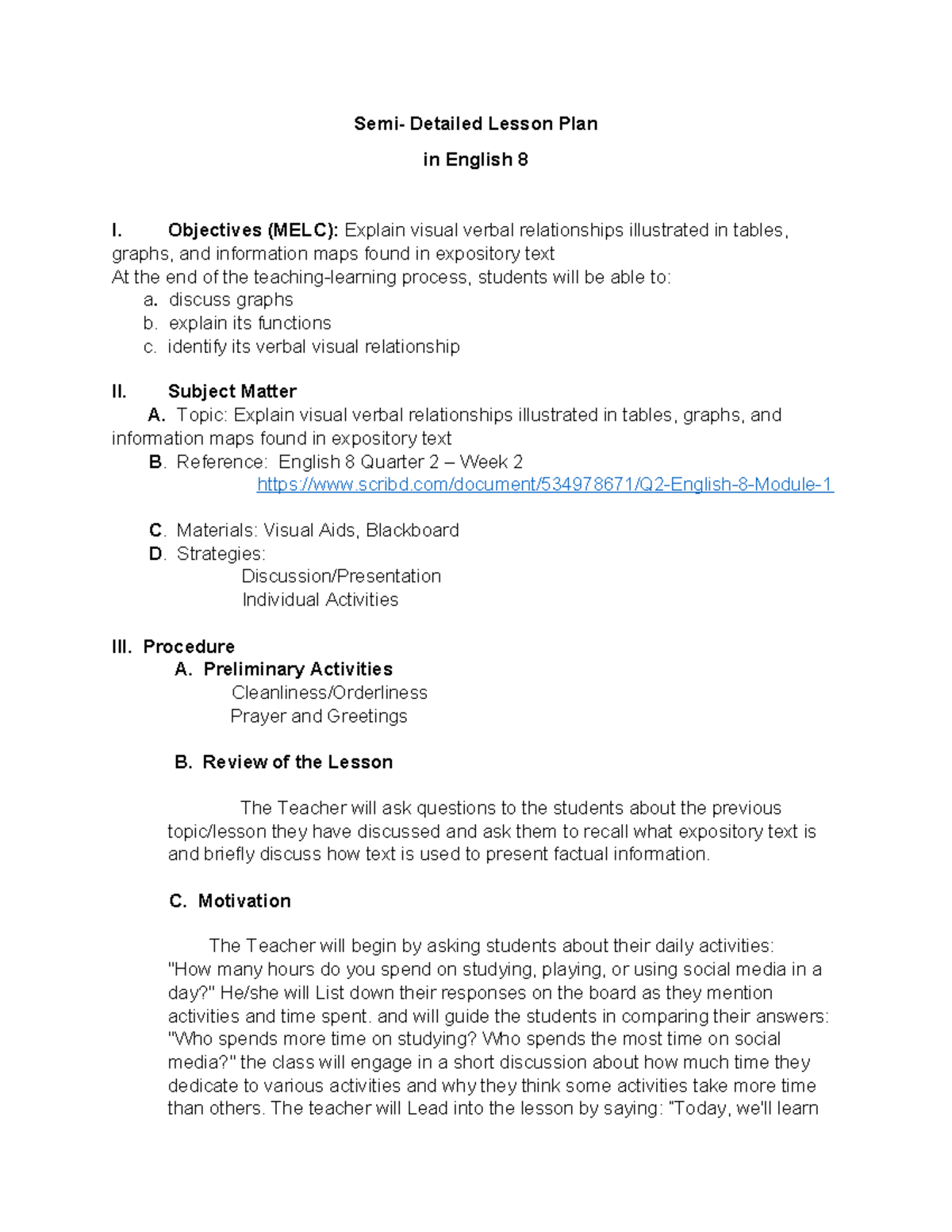 SEMI Detailed Lesson PLAN English 8 - Semi- Detailed Lesson Plan in ...