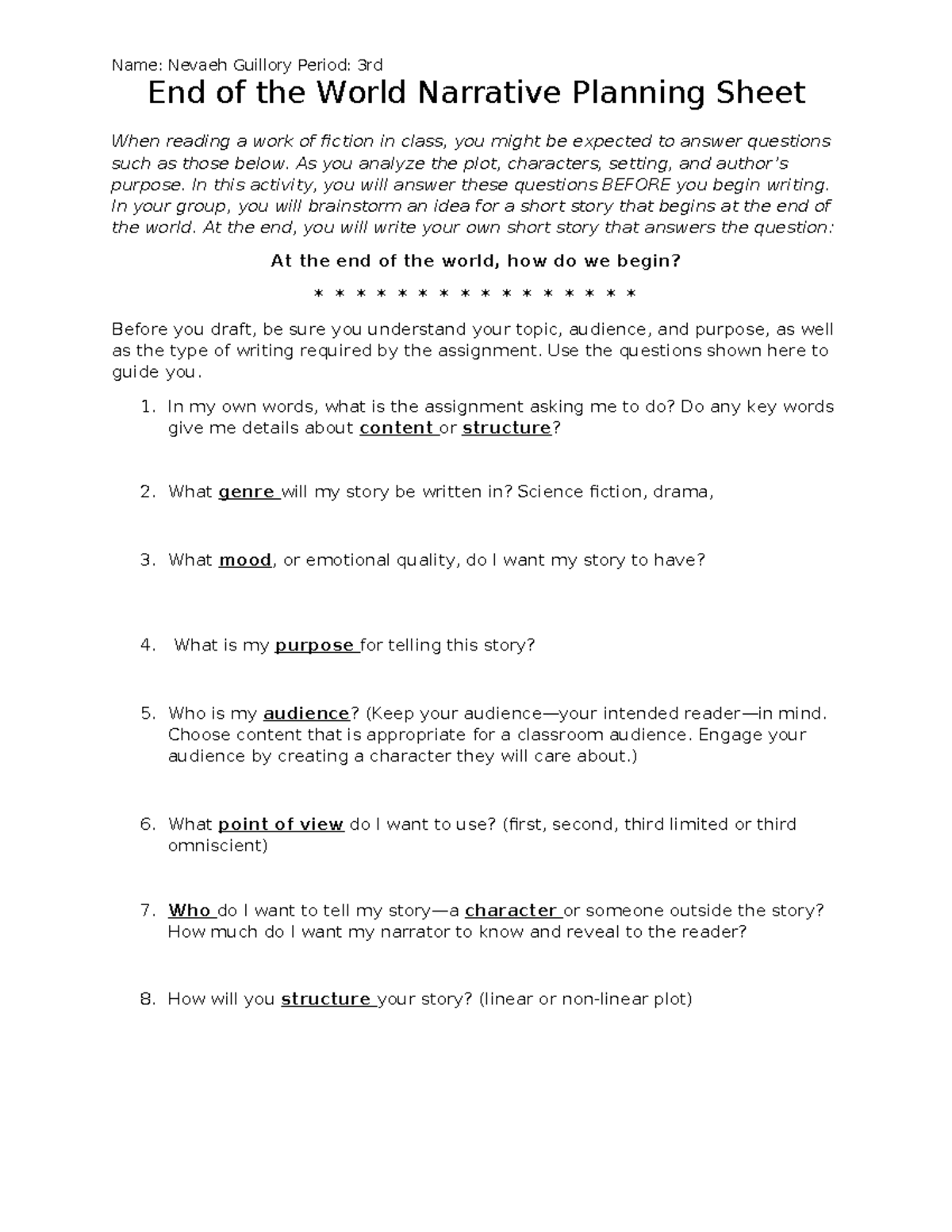 Copy of Copy of End of the World Narrative Planning Sheet - Name ...
