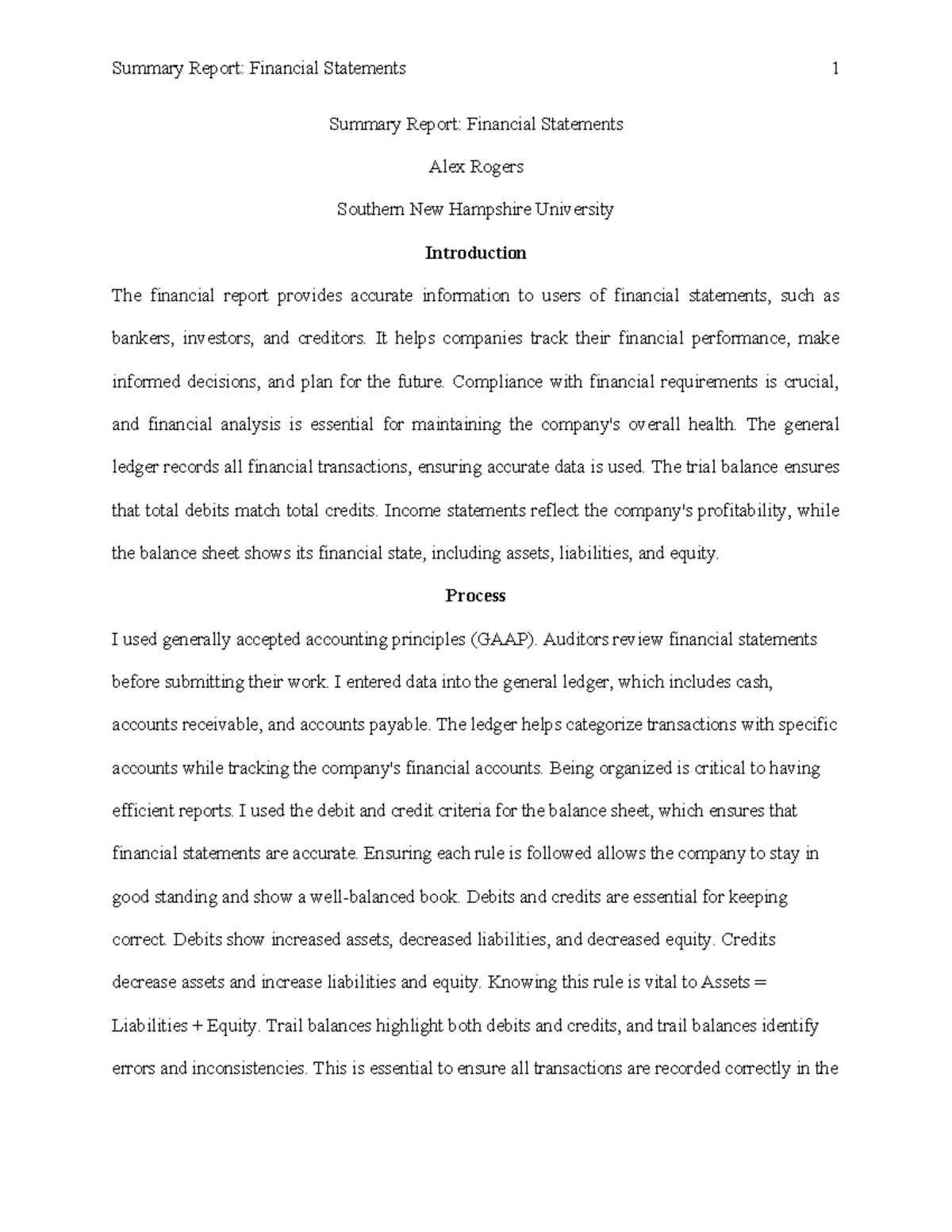 ACC 201 Final Project Summary Report - Summary Report: Financial ...