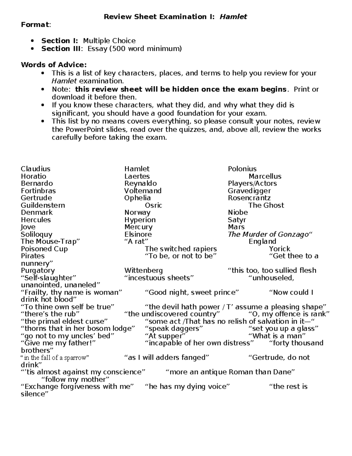 Review+Sheet+Hamlet+Exam+SP+2022 - Review Sheet Examination I: Hamlet ...
