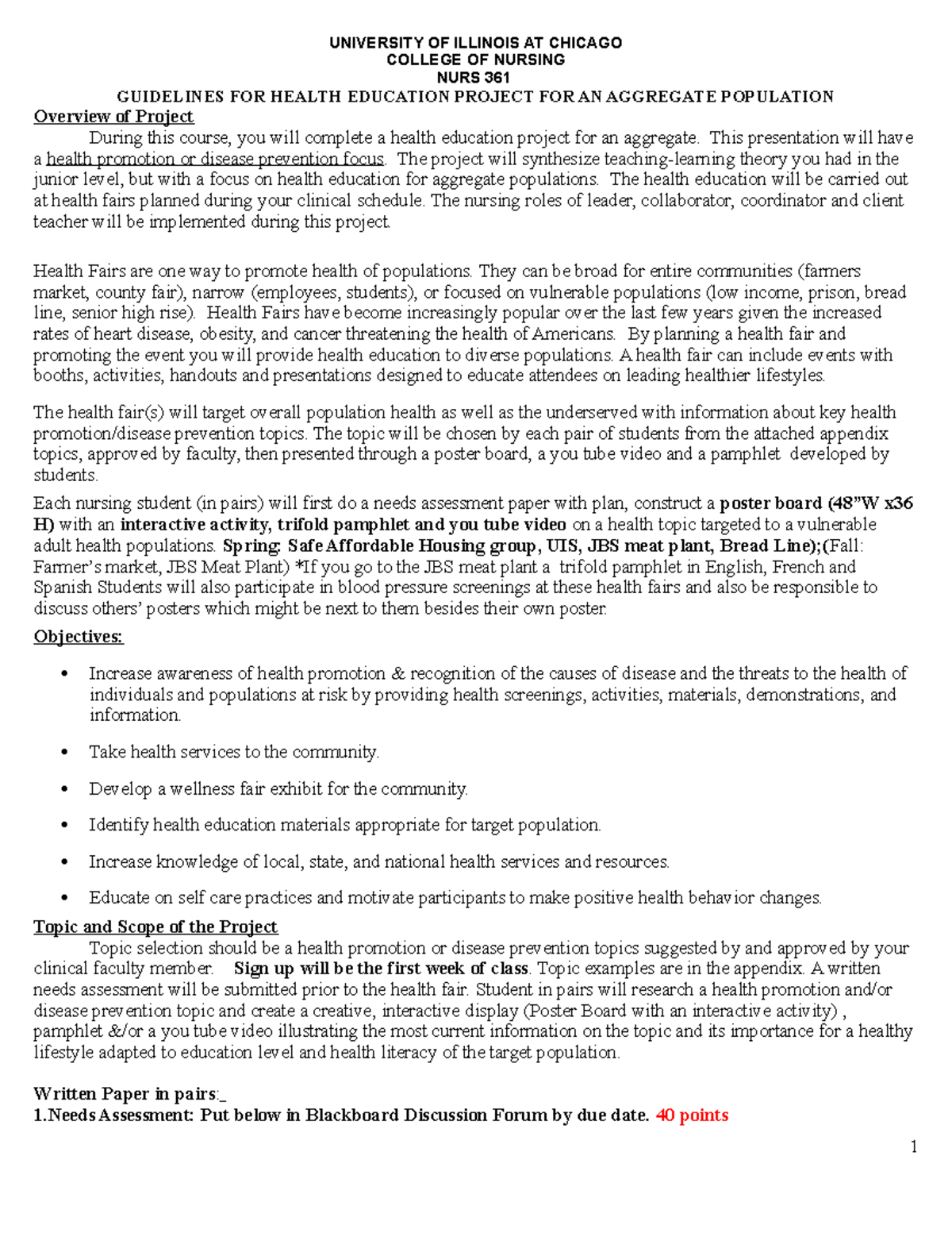 N 361 Health education project guidelines 21-S22 - UNIVERSITY OF ...