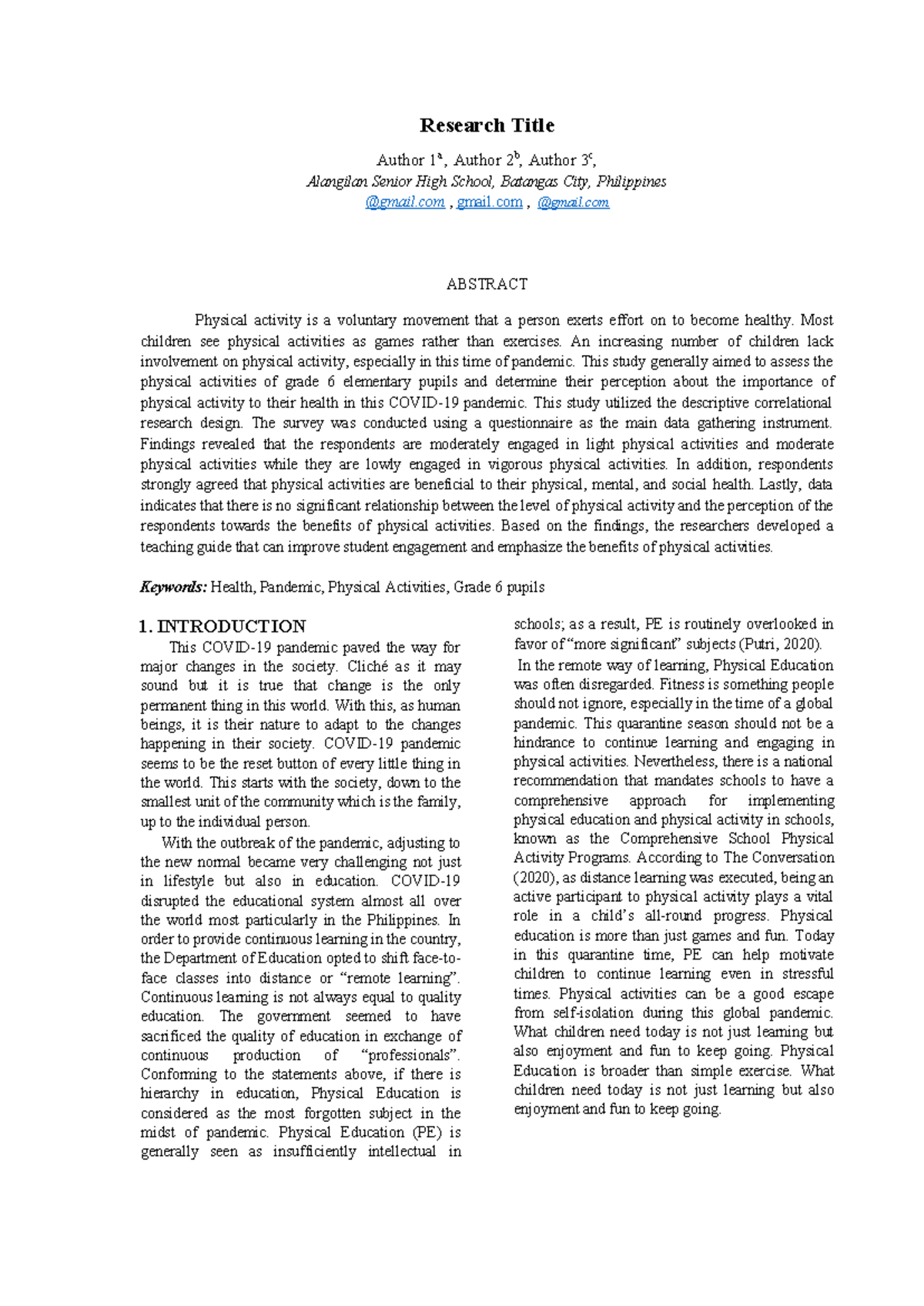 Sample-Research-Journal - Research Title Author 1a , Author 2b, Author ...