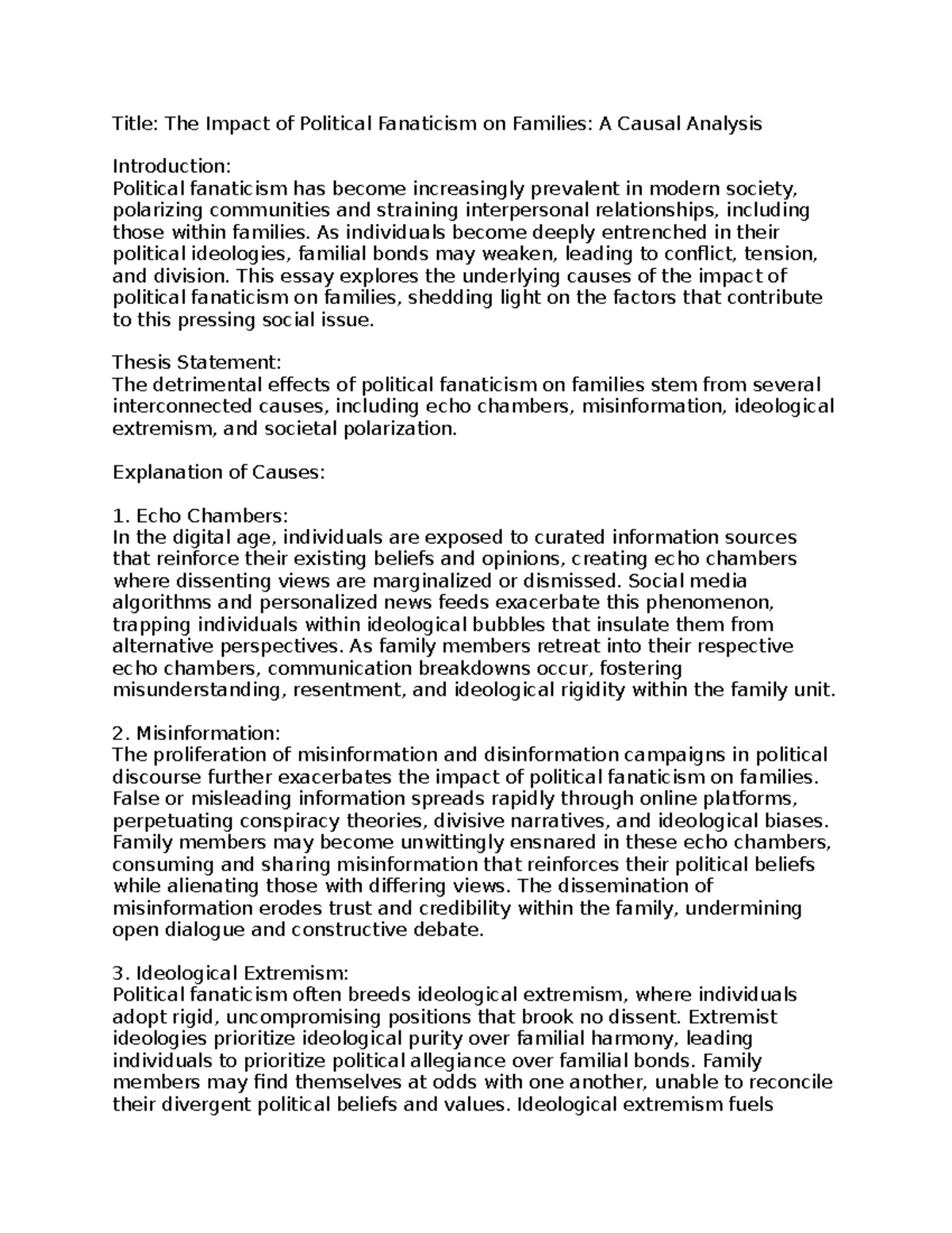Cause analysis essay - Title: The Impact of Political Fanaticism on ...
