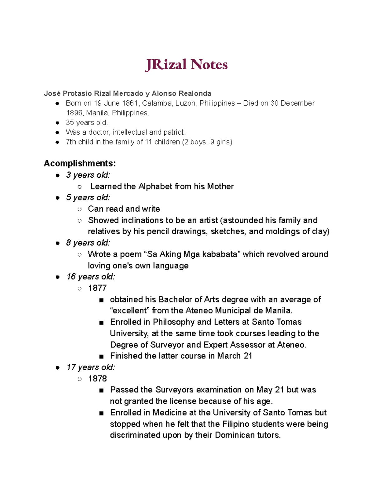 JRizal Notes - JRizal Notes José Protasio Rizal Mercado y Alonso ...